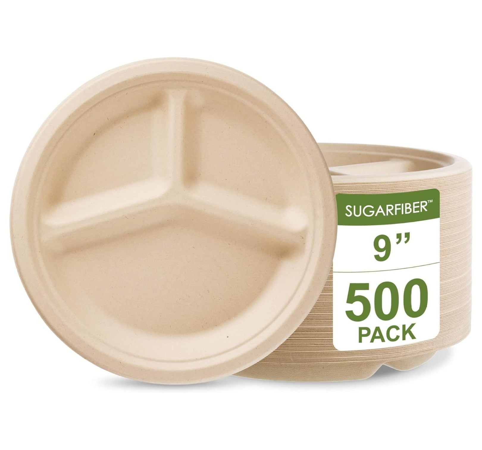 [500 COUNT]Harvest Pack 9-inch Compostable 3 Compartment Disposable ...
