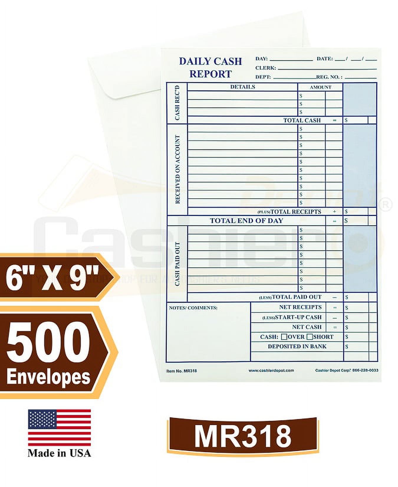 500 Cashier Depot MR318 Daily Cash Report Envelope, 6" x 9",Open End ...