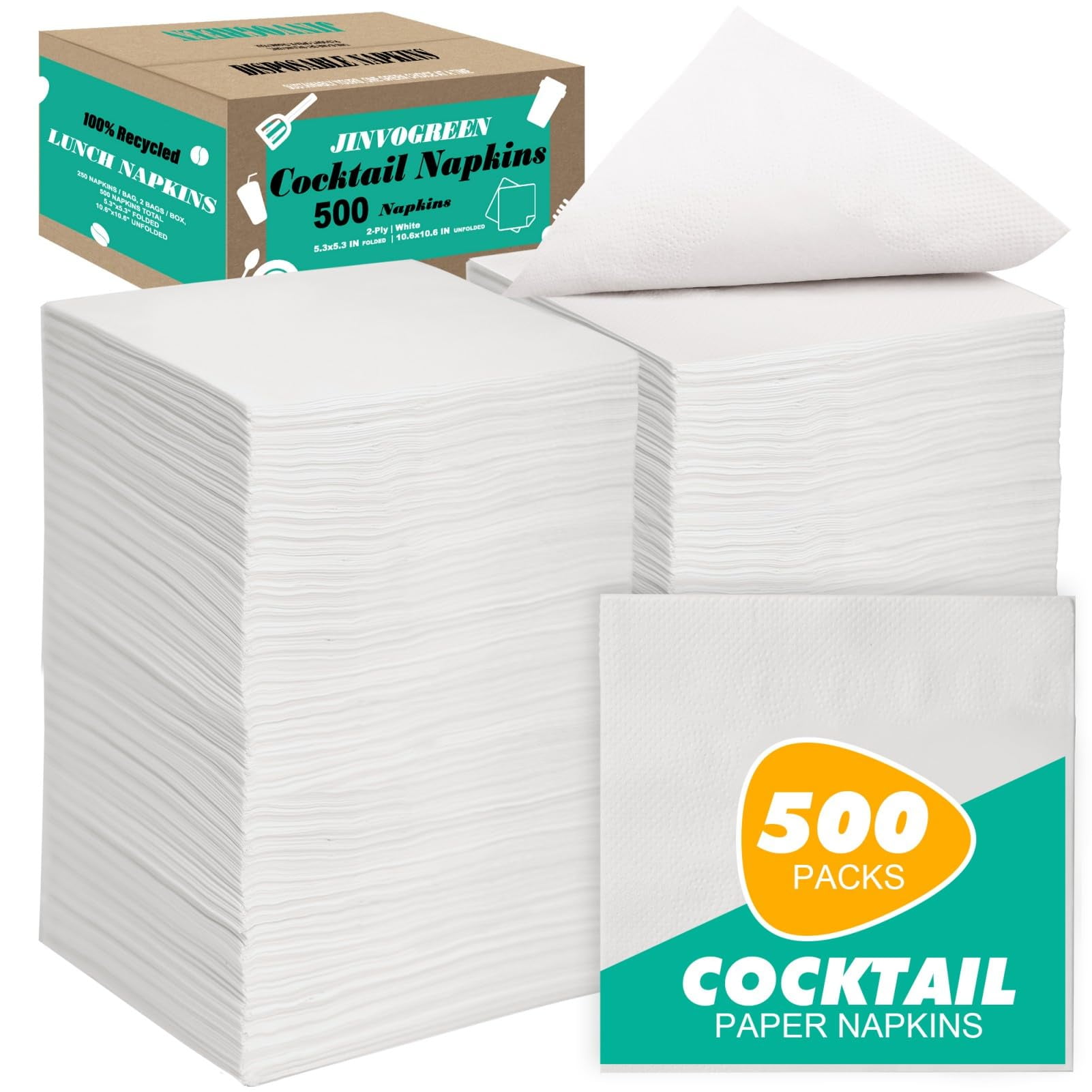 500 Count Cocktail Napkins Disposable 2-Ply White Beverage Paper ...