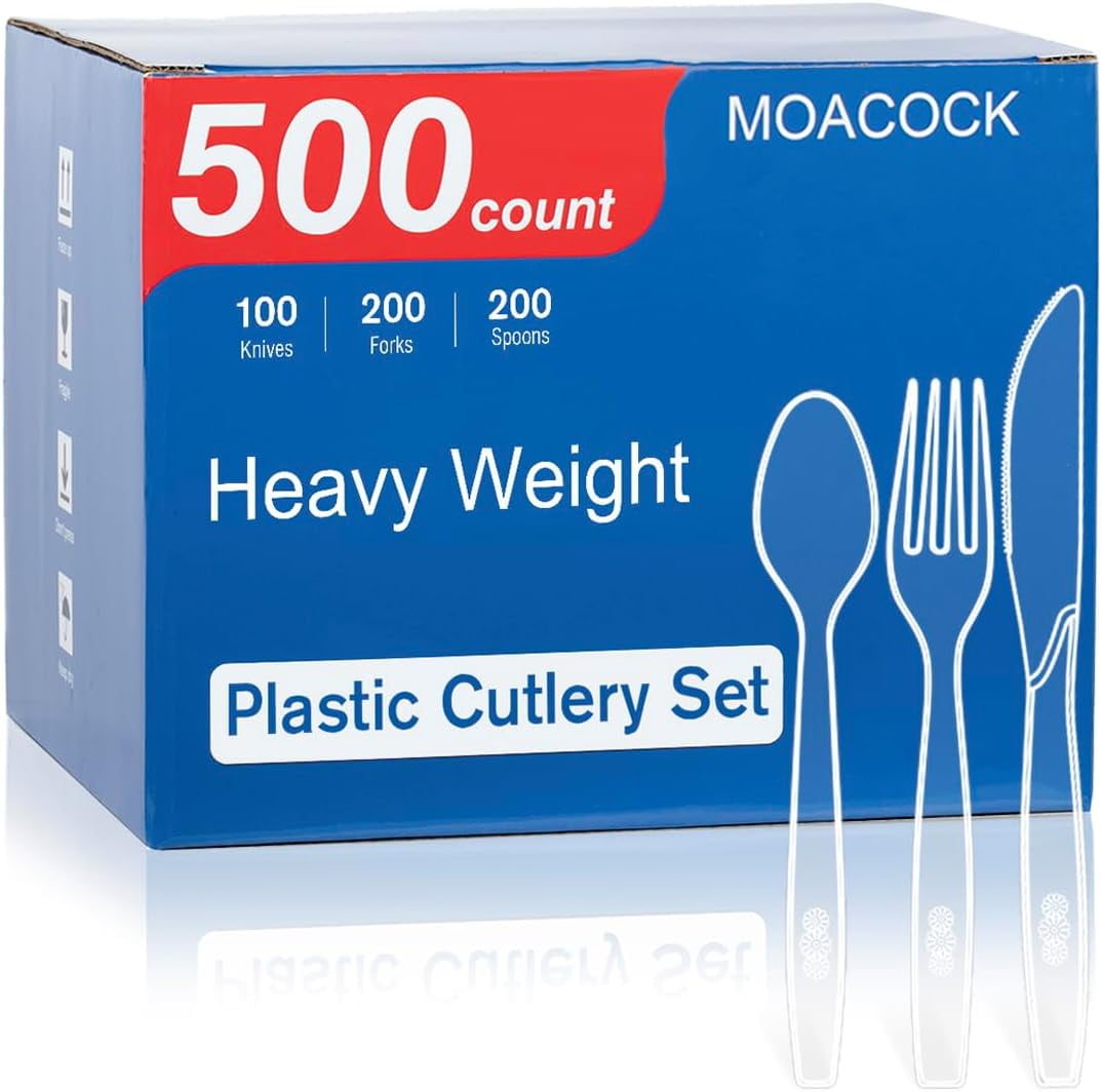 500 Count Extra Heavy Duty Plastic Silverware, 200 Forks, 200 Spoons ...