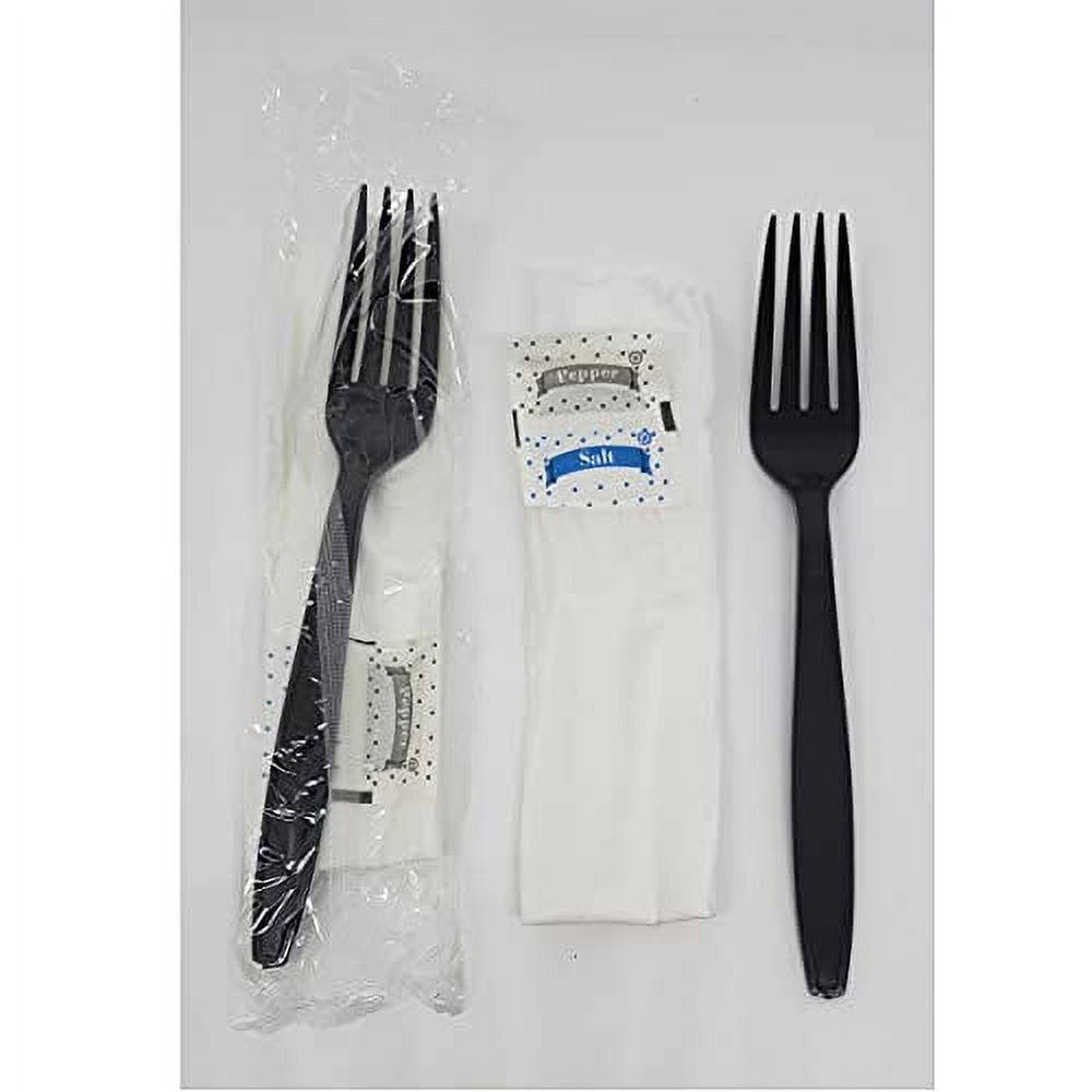 500 Kits Disposable Black Plastic Fork with Napkin and Salt/pepper packet, individually Wrapped ...