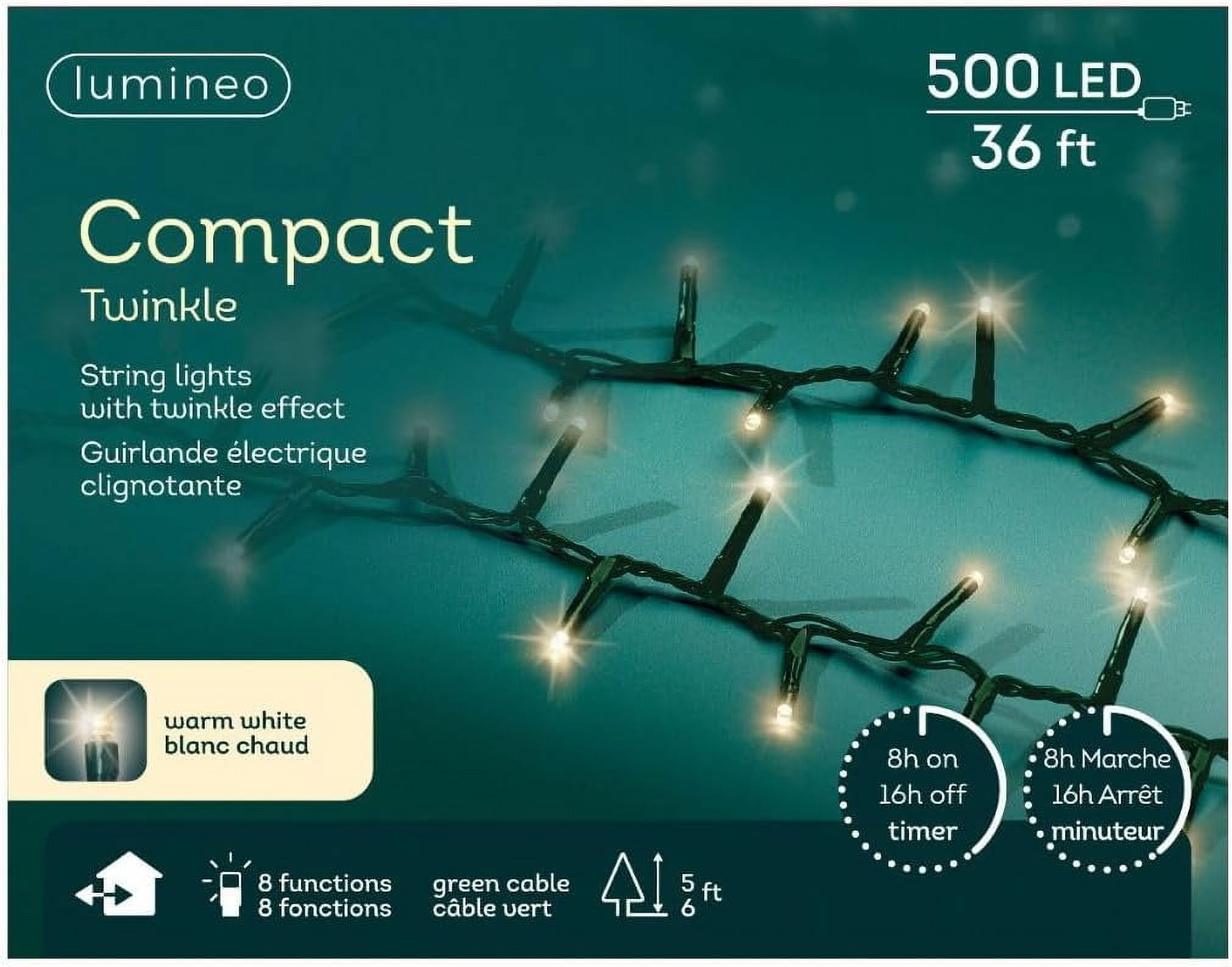 500 LED Warm White Christmas Compact Lights Set, Green Wire, Timer ...