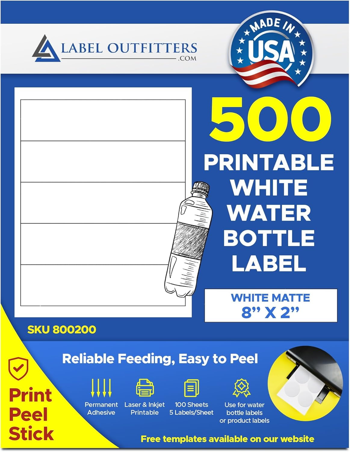 500 Label Outfitters Printable White Laser and Inkjet 8" X 2" Large ...