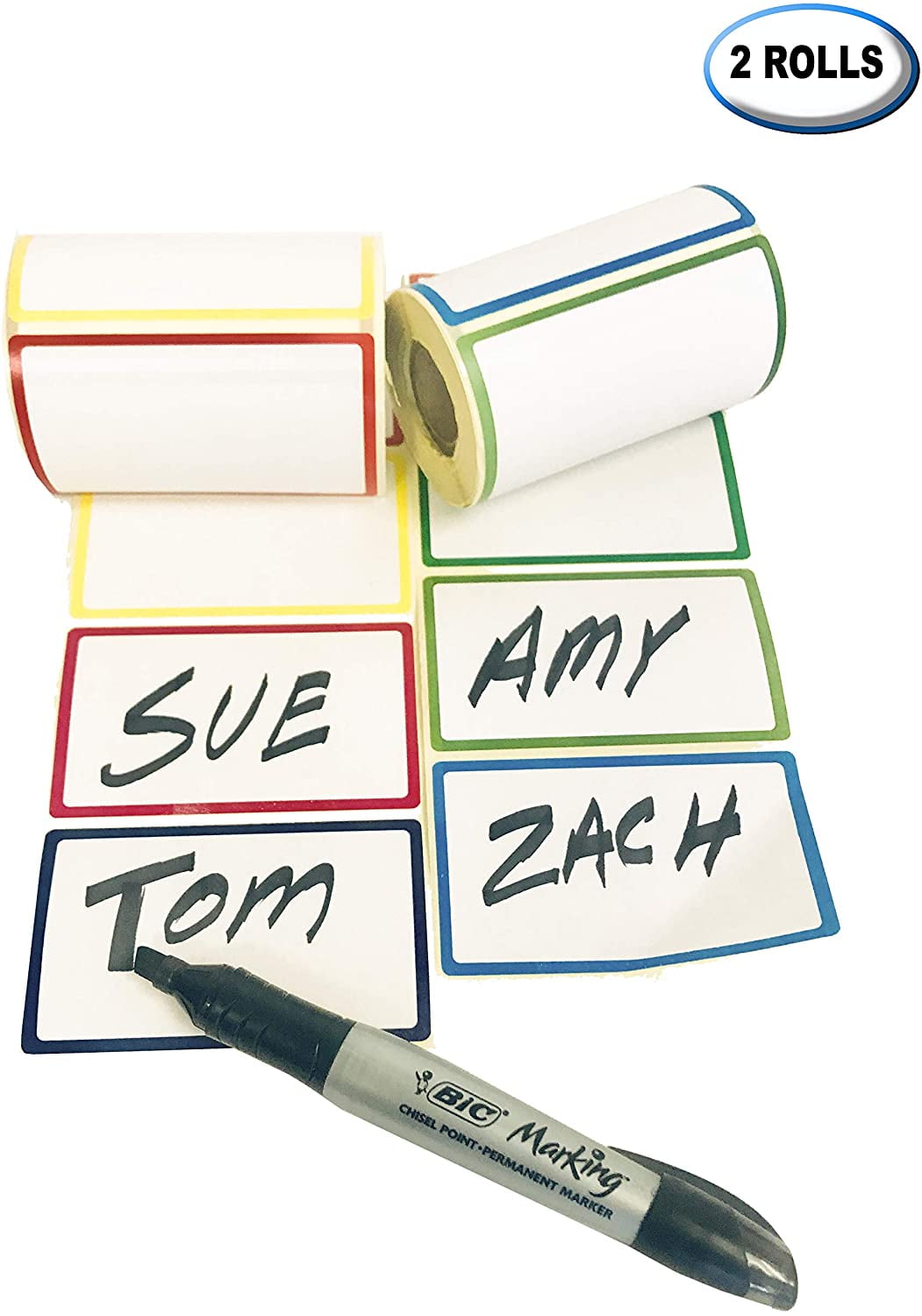 500 Name Badge Stickers with Color Border, 2 Rolls of 250, 8 Different ...