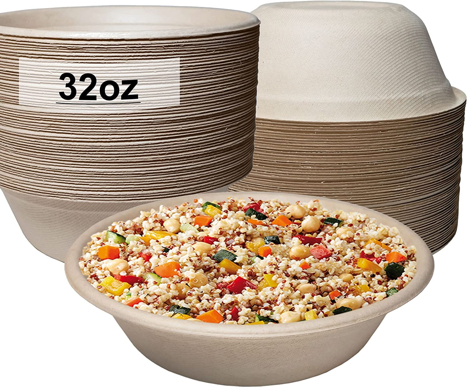 [500 PACK] 32oz Round Disposable Bowls Deep - Natural Sugarcane Bagasse ...