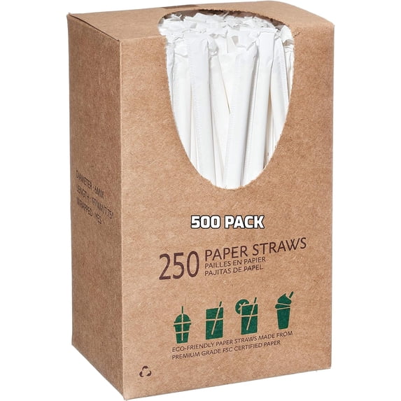 [500 PACK] Wrapped Disposable Paper Drinking Straws White 7.75 Inches ...