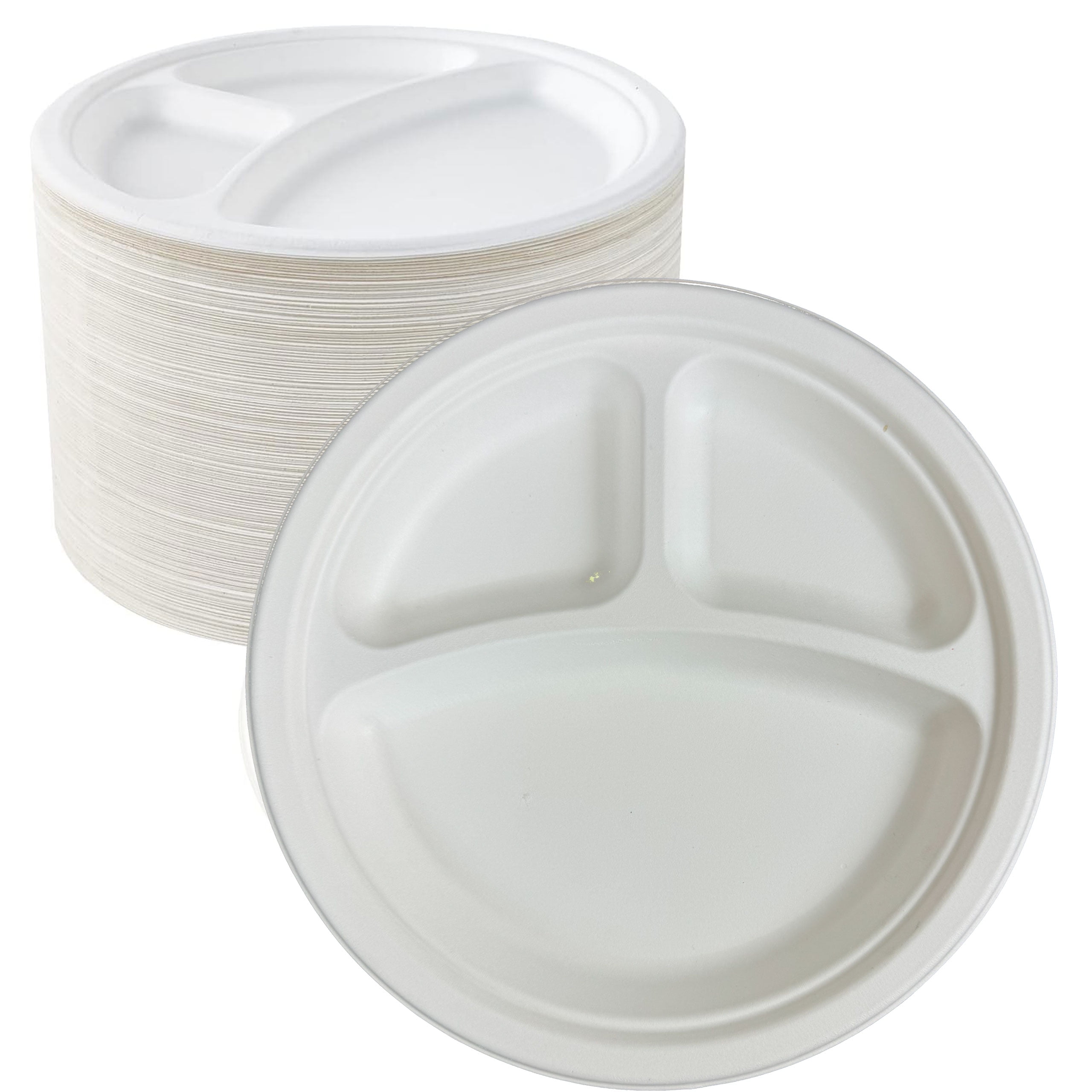 500 Pack - 10" Compostable 3 Compartment Plates, Eco-Friendly Sugarcane ...