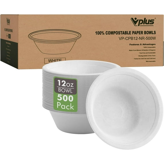 500 Pack 12 OZ Paper Bowls Bulk, Disposable Compostable, Eco-friendly ...
