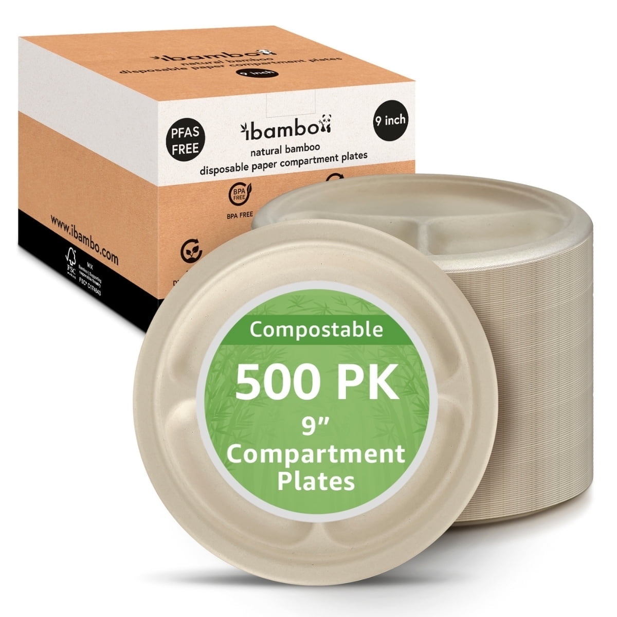 Ibambo 500 Pack Disposable Bamboo Paper Compartment Plates (9 inch ...