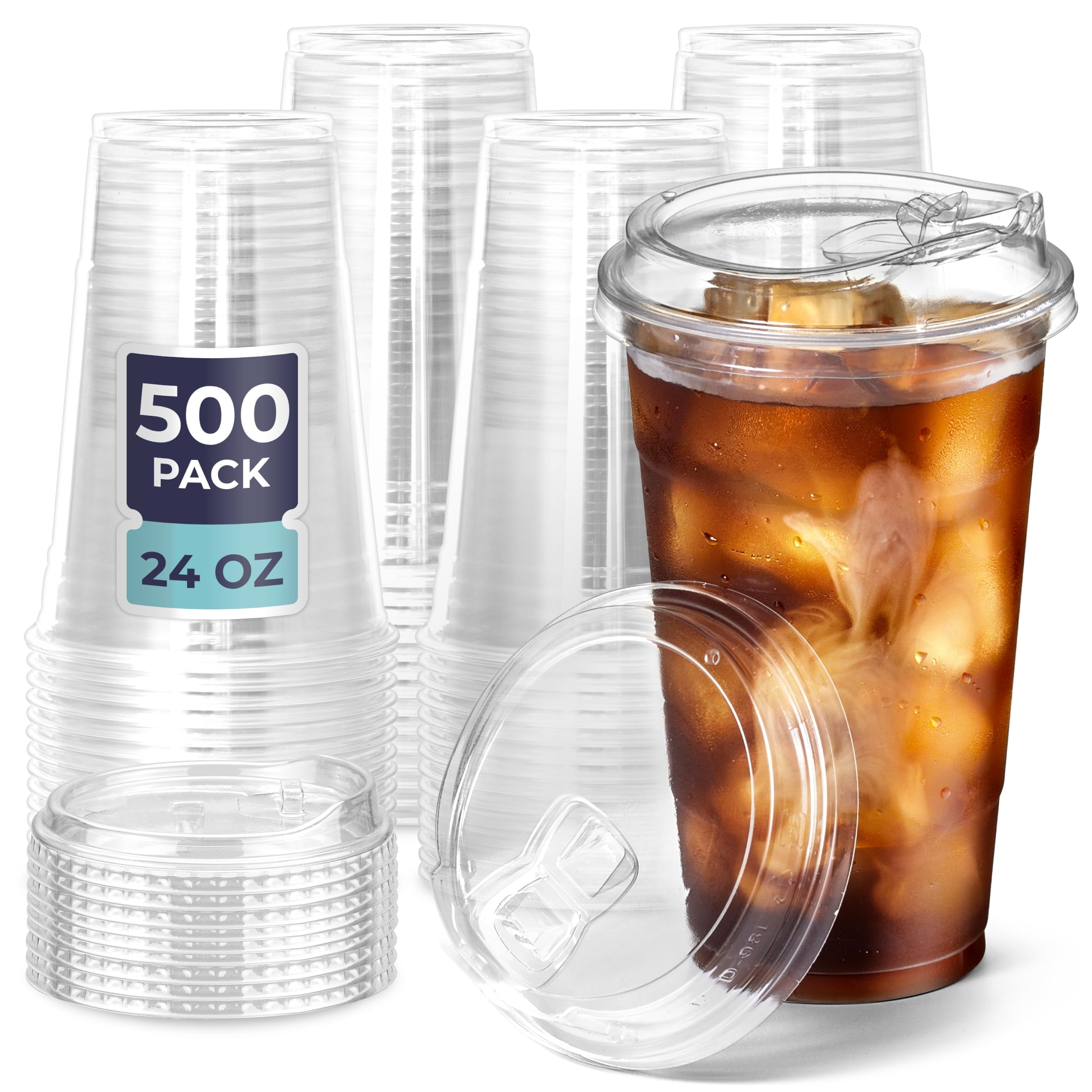 [500 Pack] Disposable Strawless Plastic Cups with Lids - 24 Oz Clear ...