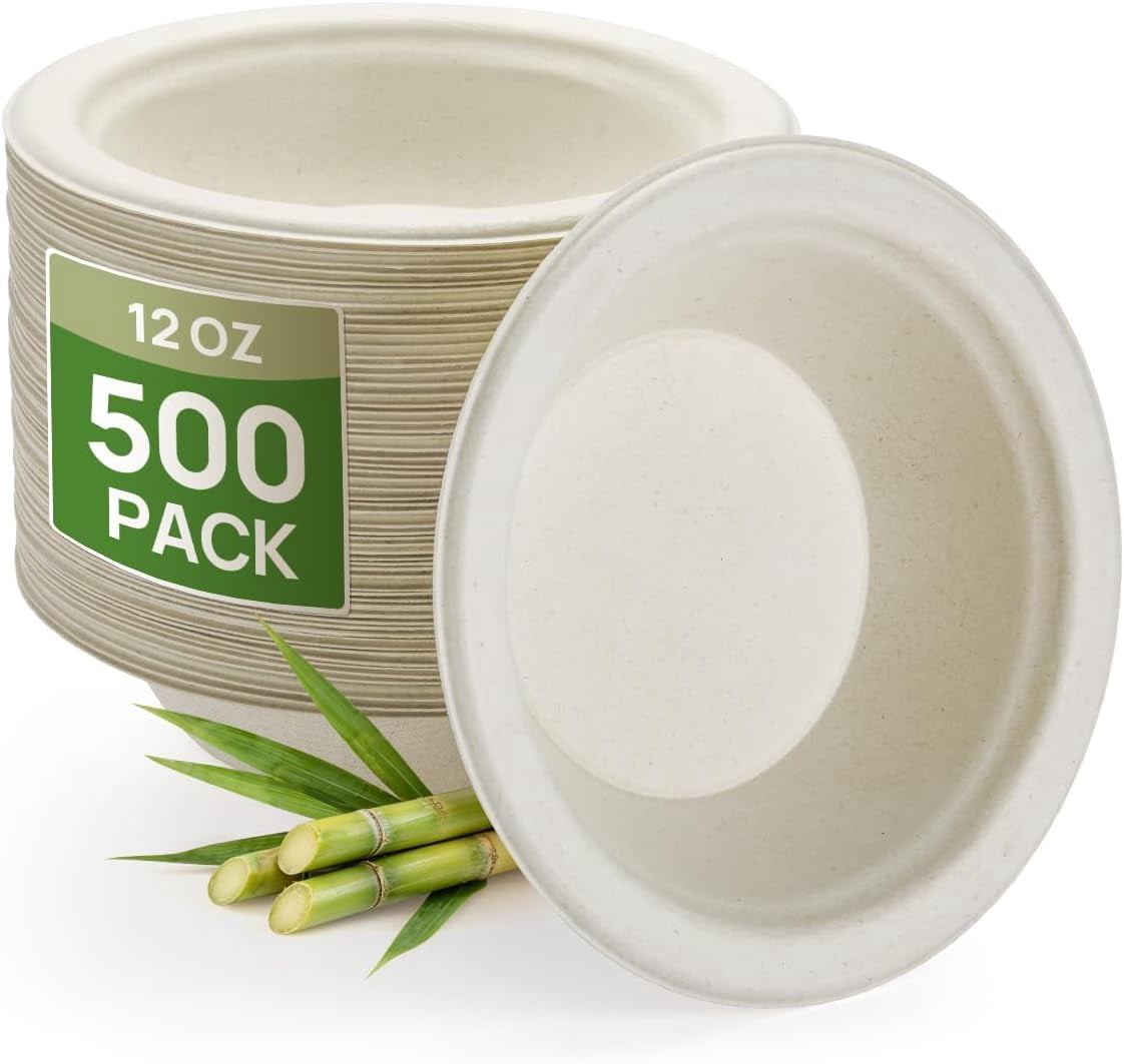 500 Pack Natural Brown 12 oz Compostable Soup Bowls, Heavy Duty Bagasse ...