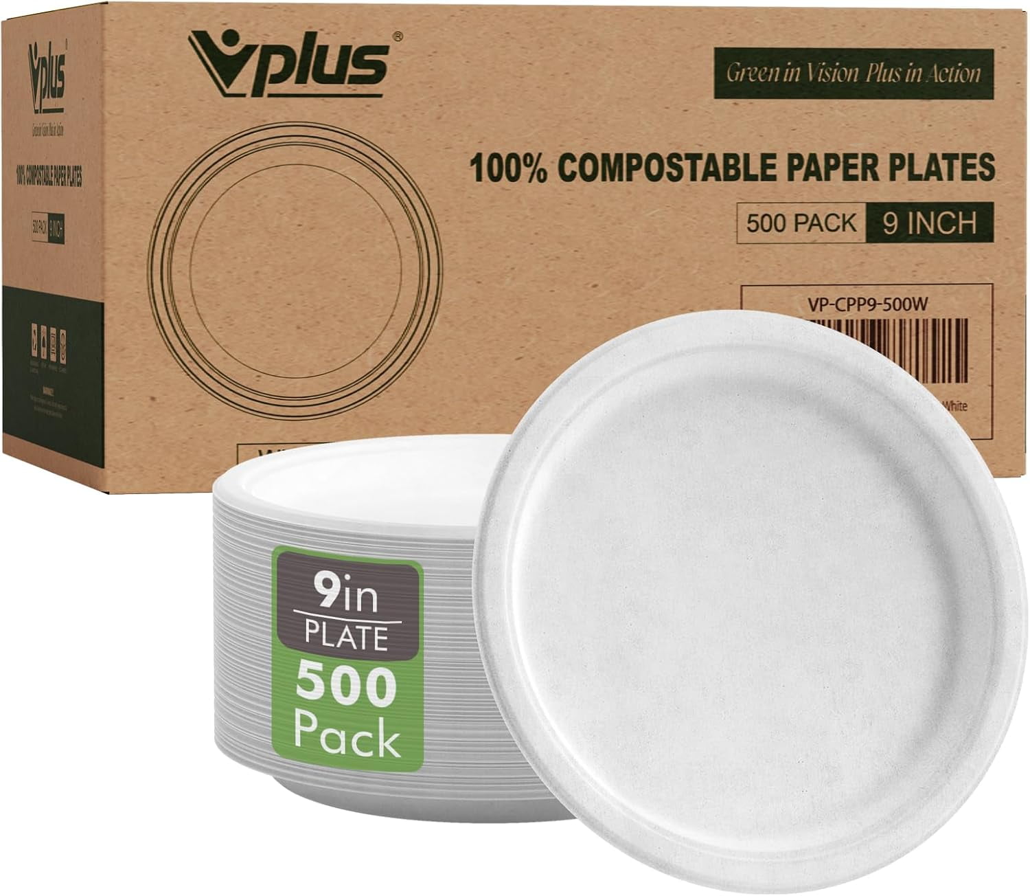 500 Pack Paper Plates 9 inch 100% Compostable, Heavy-Duty Disposable ...