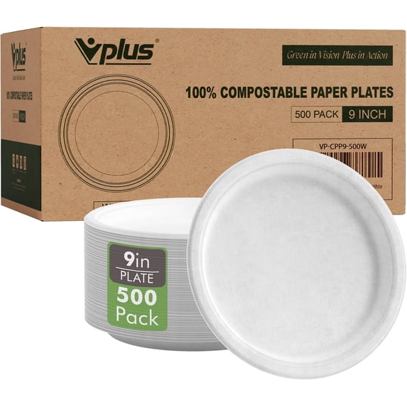 500 Pack Paper Plates 9 inch 100% Compostable, Heavy-Duty Disposable ...