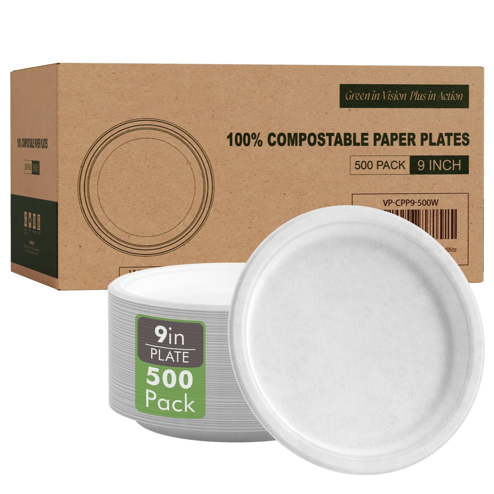 500 Pack Paper Plates 9 inch 100% Compostable, Heavy-Duty Disposable ...