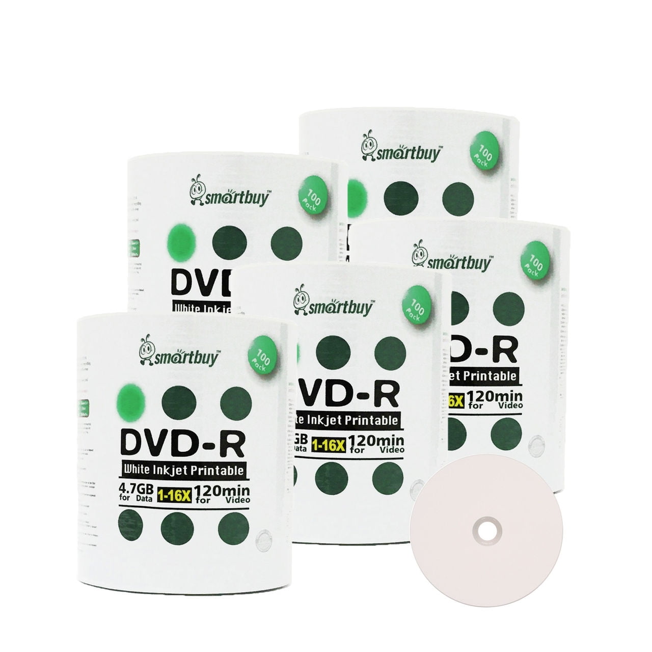 500 Pack Smartbuy 16X DVD-R 4.7GB 120Min White Inkjet Hub Printable ...