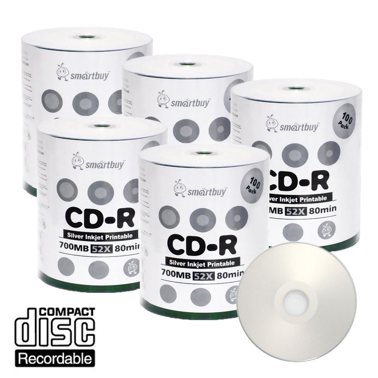 Smartbuy 500 Pack 52X CD-R 700MB 80Min Silver Inkjet Hub Printable ...