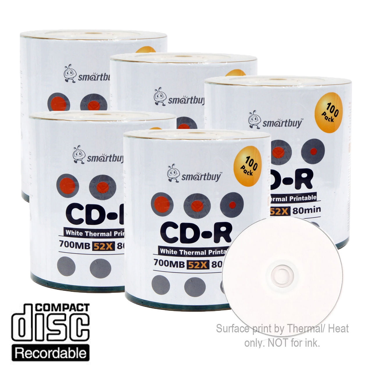 500 Pack Smartbuy 52X CD-R 700MB 80Min White Thermal Hub Printable Data ...