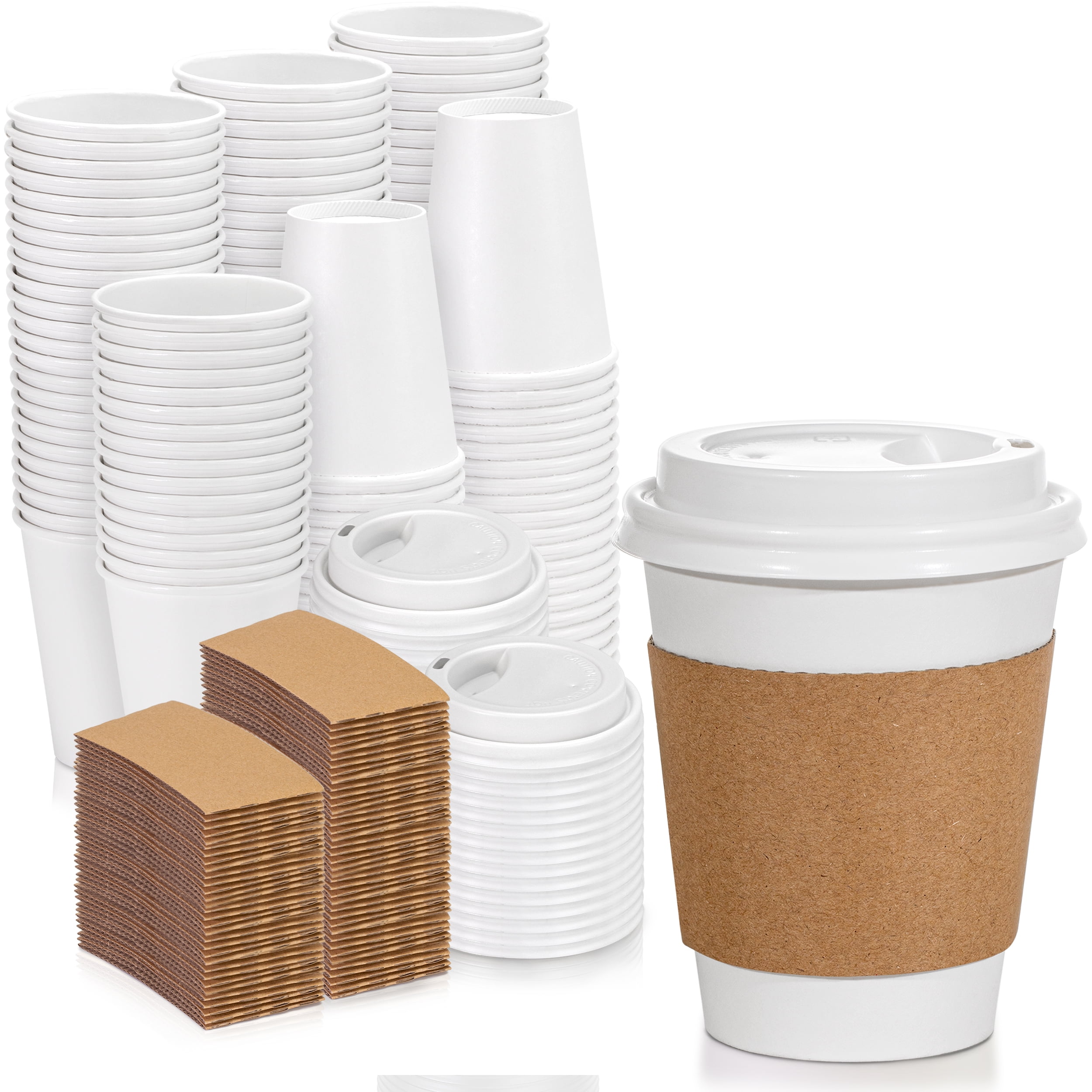 [500 Pack] White Coffee Cups with White Dome Lids and Brown Sleeves ...