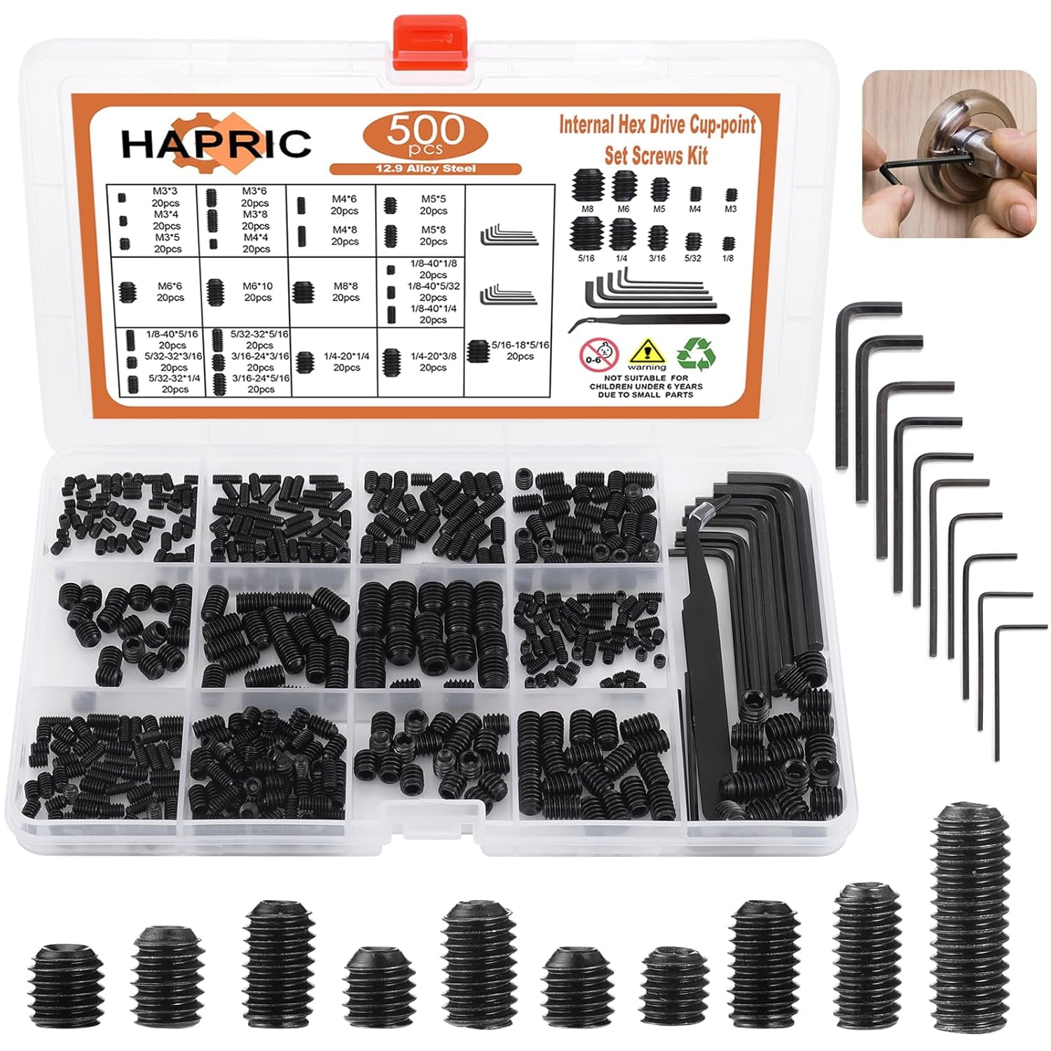 500 Pcs 25 Size Set Screws Metric&SAE Set Screw Assortment Kit 12.9 ...
