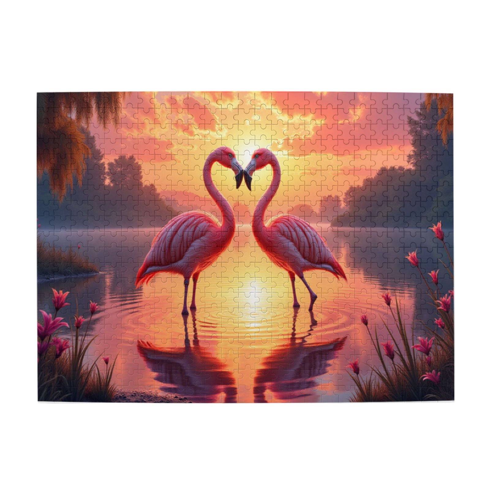 500 Pcs Flamingo Sunset Jigsaw Puzzle Two Flamingos Forming A Heart At ...