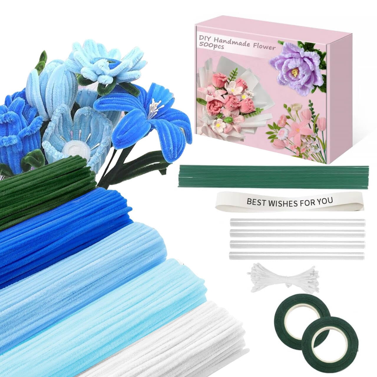 500 Piece Blue Chenille Stem Pipe Cleaner Craft Kit for DIY Bouquets ...