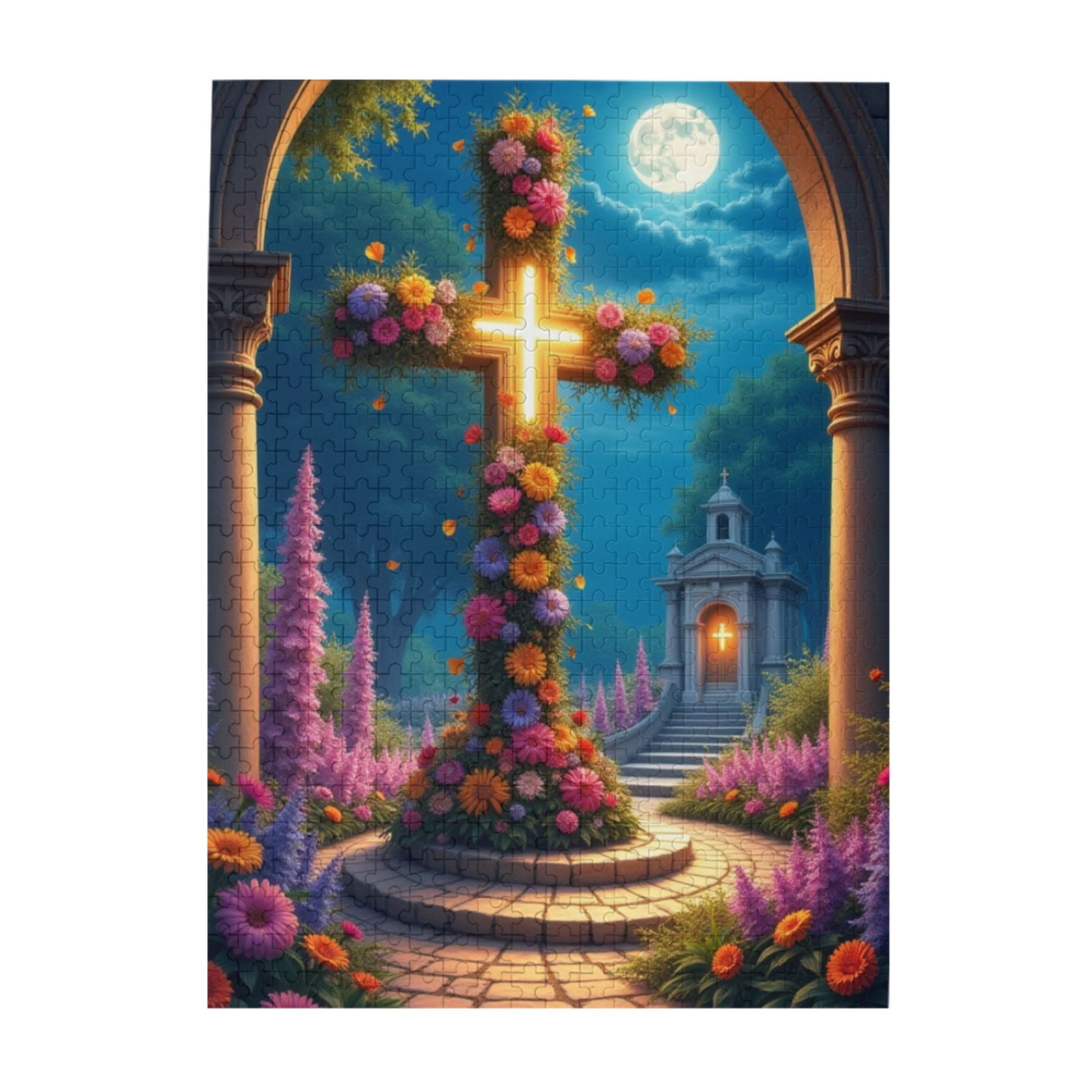 500 Piece Floral Cross Jigsaw Puzzle For Adults – God's Garden At Night ...