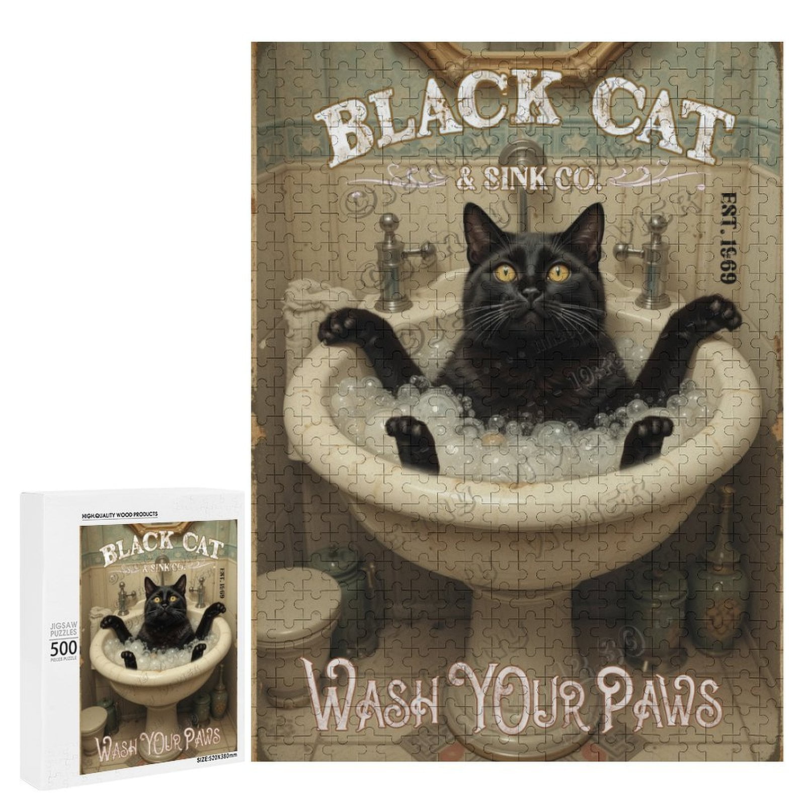 500 Piece Jigsaw Puzzle 15" x 21" Finished Size Black Cat Sink Co. Wash ...