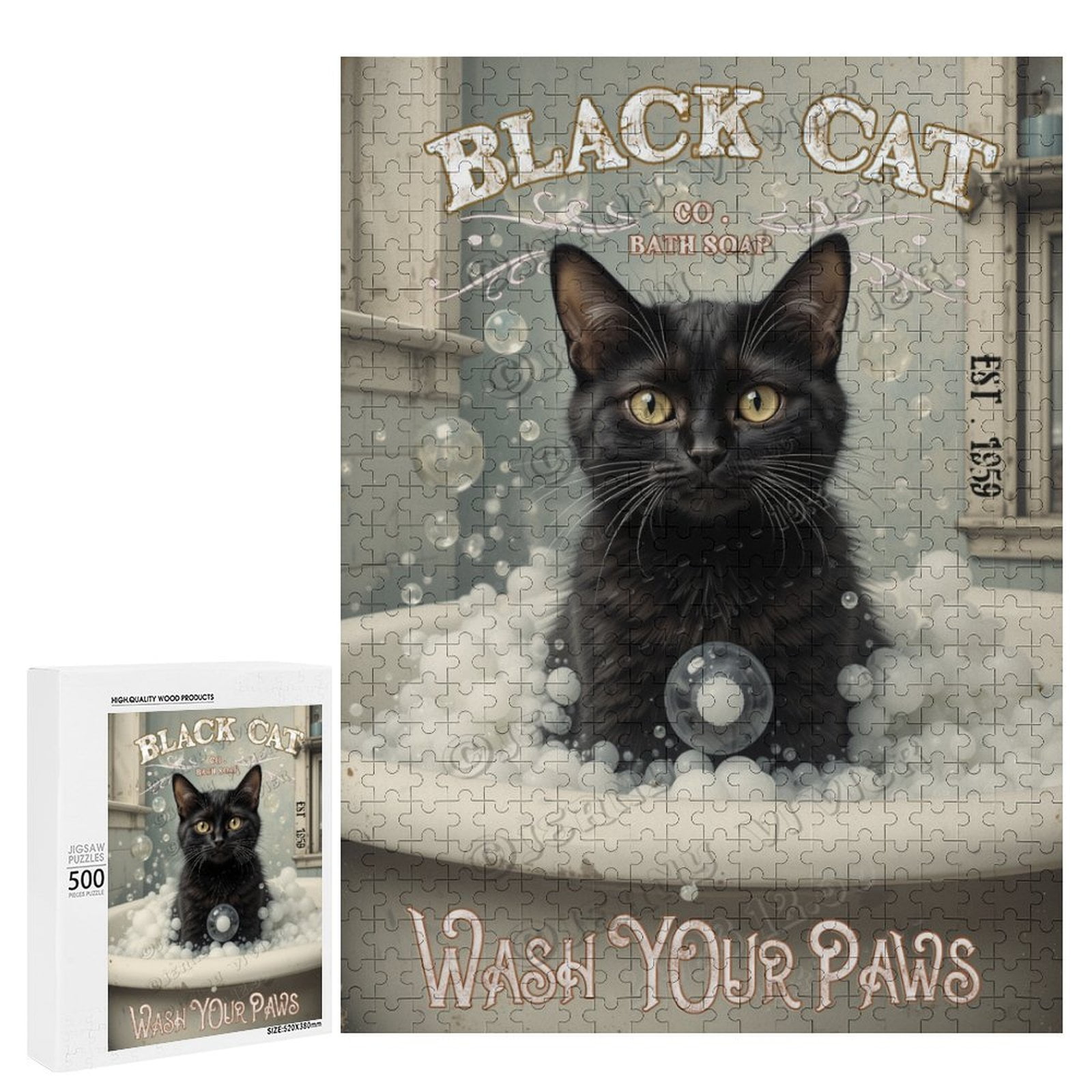 500 Piece Jigsaw Puzzle 15" x 21" Finished Size Black Cat Wash Your ...