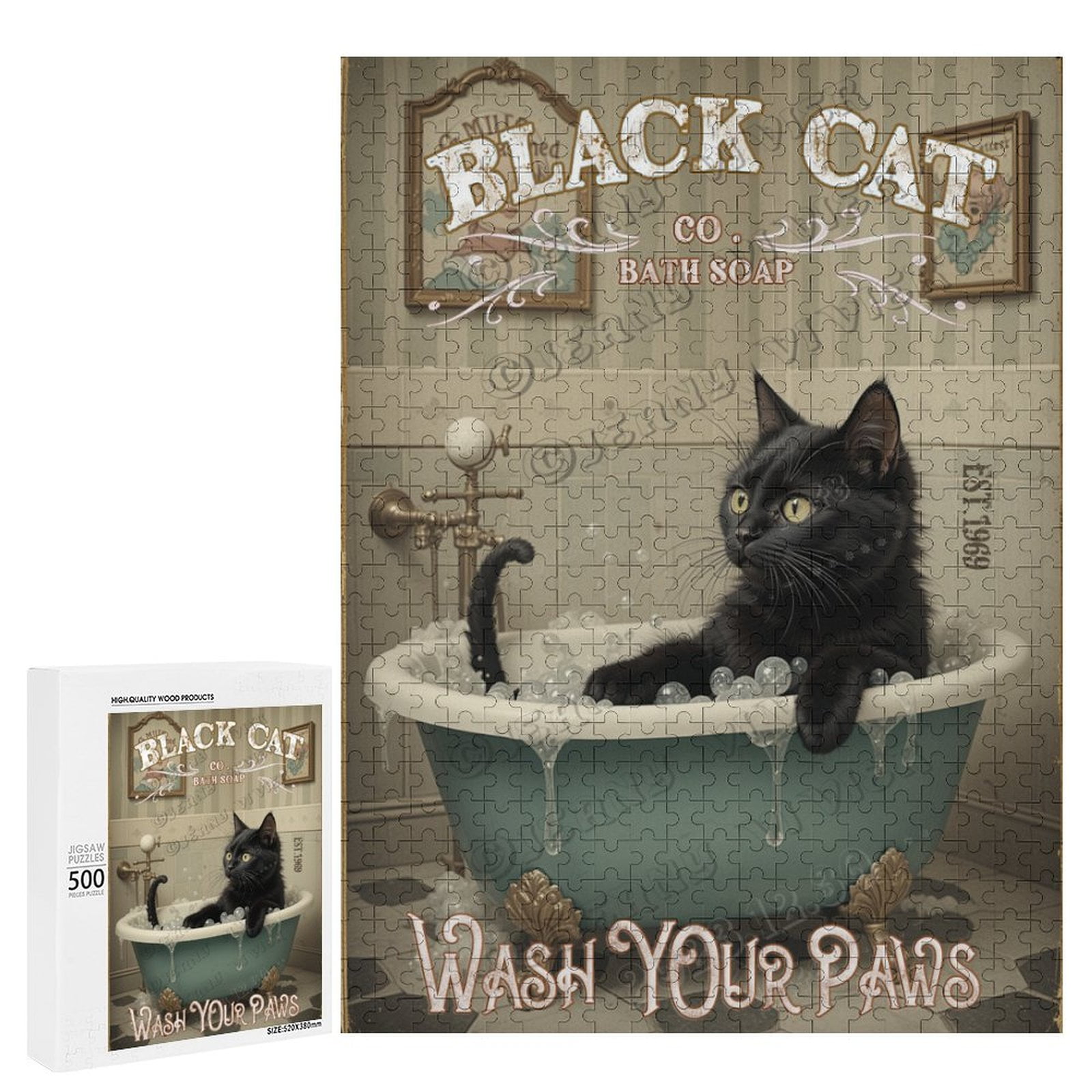 500 Piece Jigsaw Puzzle 15" x 21" Finished Size Black Cat Wash Your ...
