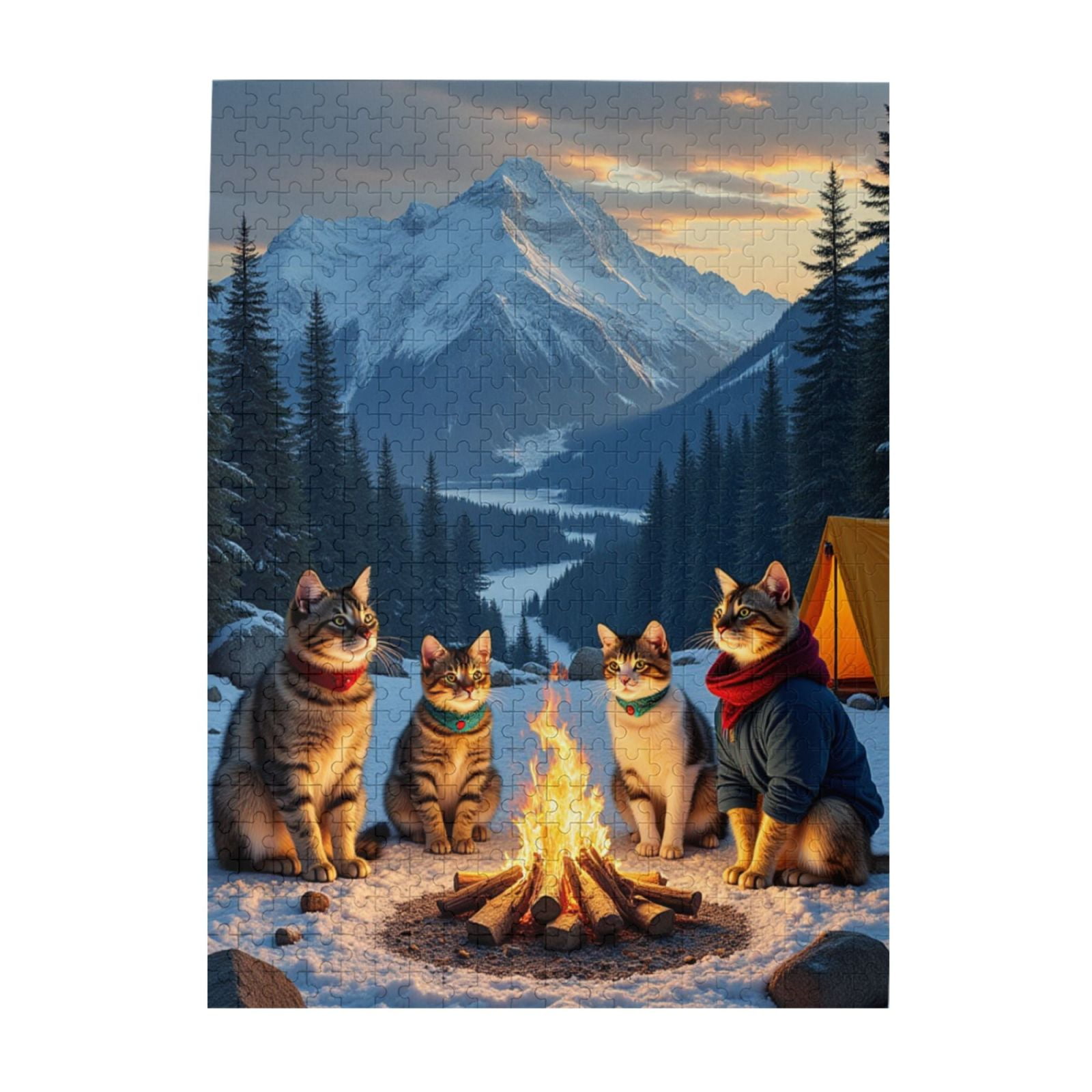 500 Piece Jigsaw Puzzle For Adults Cats Around Campfire In Snowy ...
