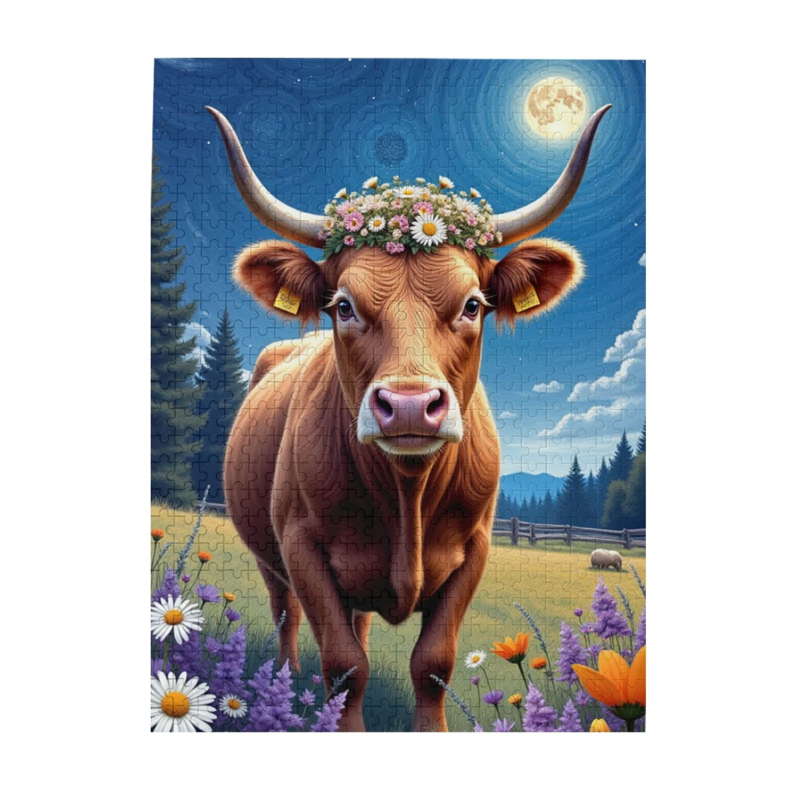 500 Piece Jigsaw Puzzle For Adults Cow With Flower Crown Night Sky ...