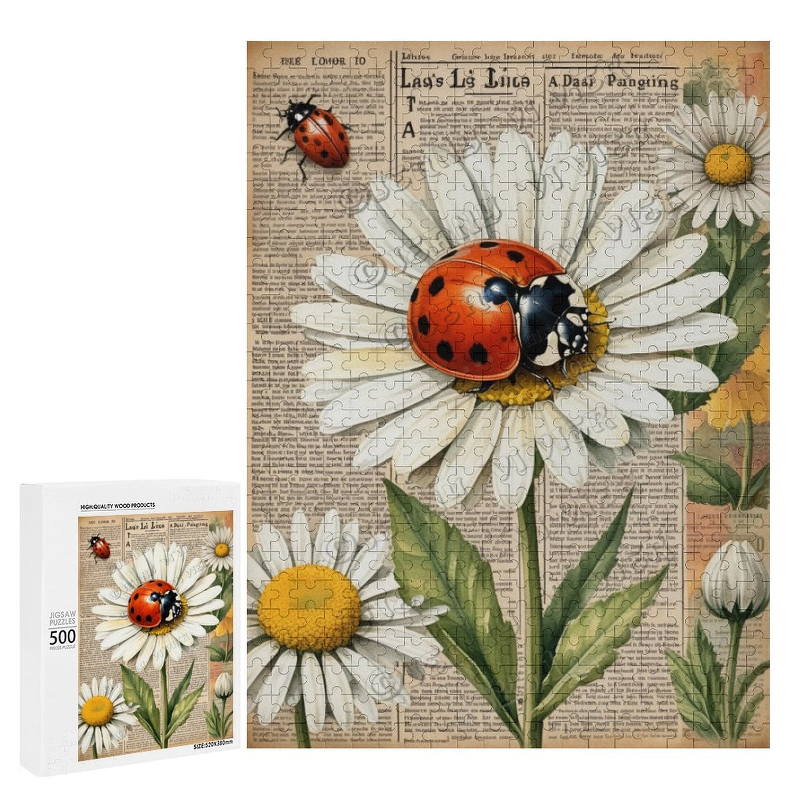500 Piece Jigsaw Puzzle – Vintage Ladybug with Daisy Decor | Ideal ...