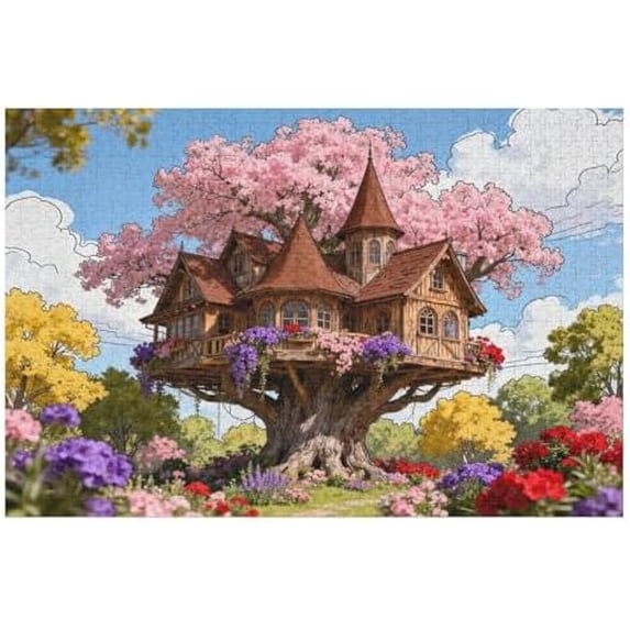 500 Piece Jigsaw Puzzle, Whimsical Tree House Flower Fantasy Scene ...