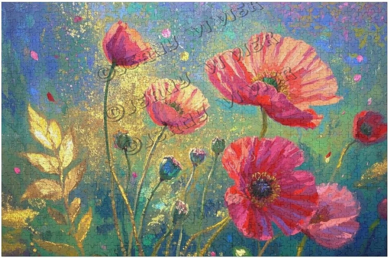 500 Piece Jigsaw Puzzle for Adults Golden Abstract Poppy Floral Design ...