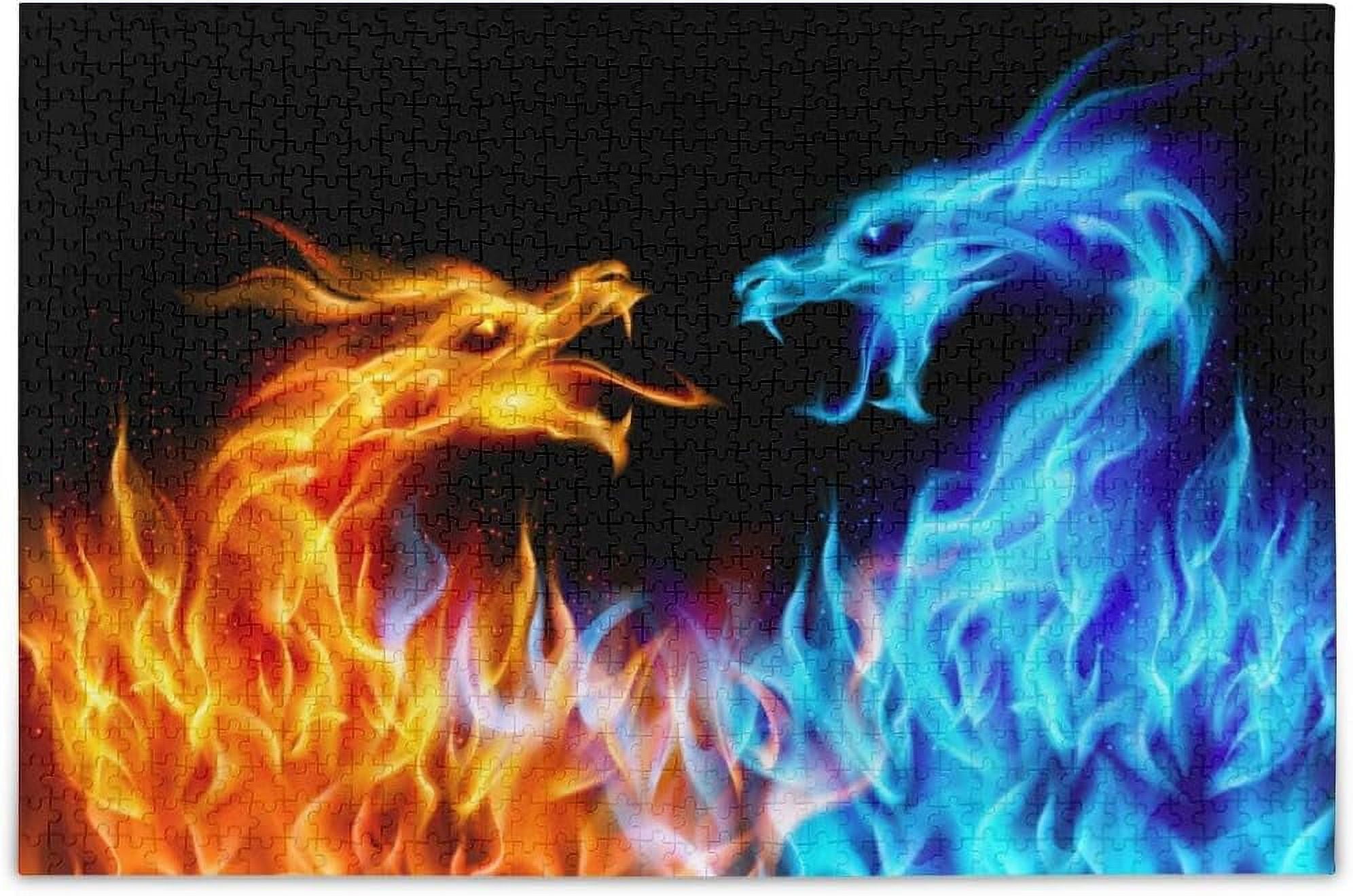 500 Piece Jigsaw Puzzle for Adults Kids, Abstract Blue Red Fiery Dragons Challenging Abstract ...