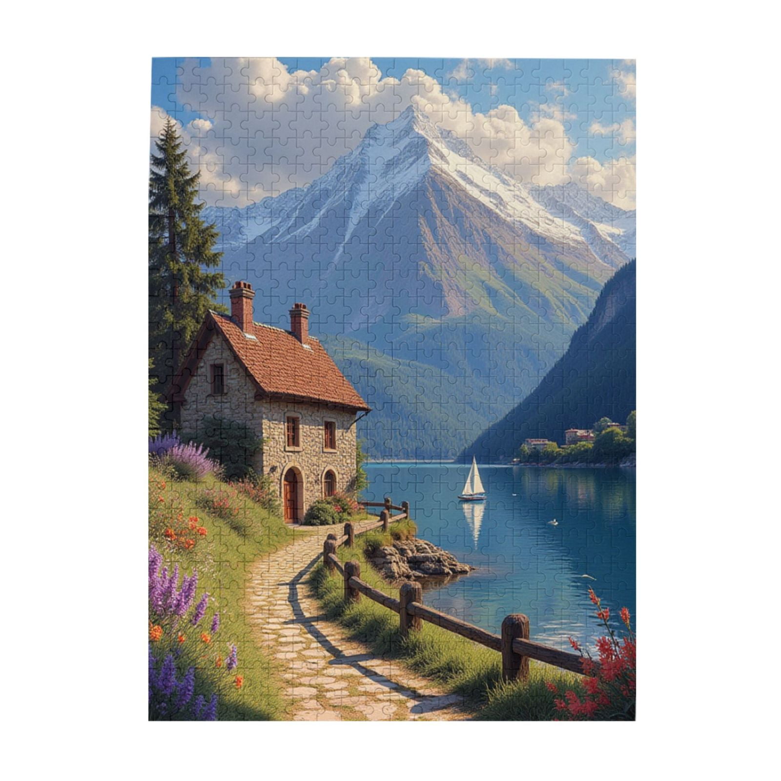 500 Piece Lakeside Cottage Jigsaw Puzzle Mountain Lake Stone House ...