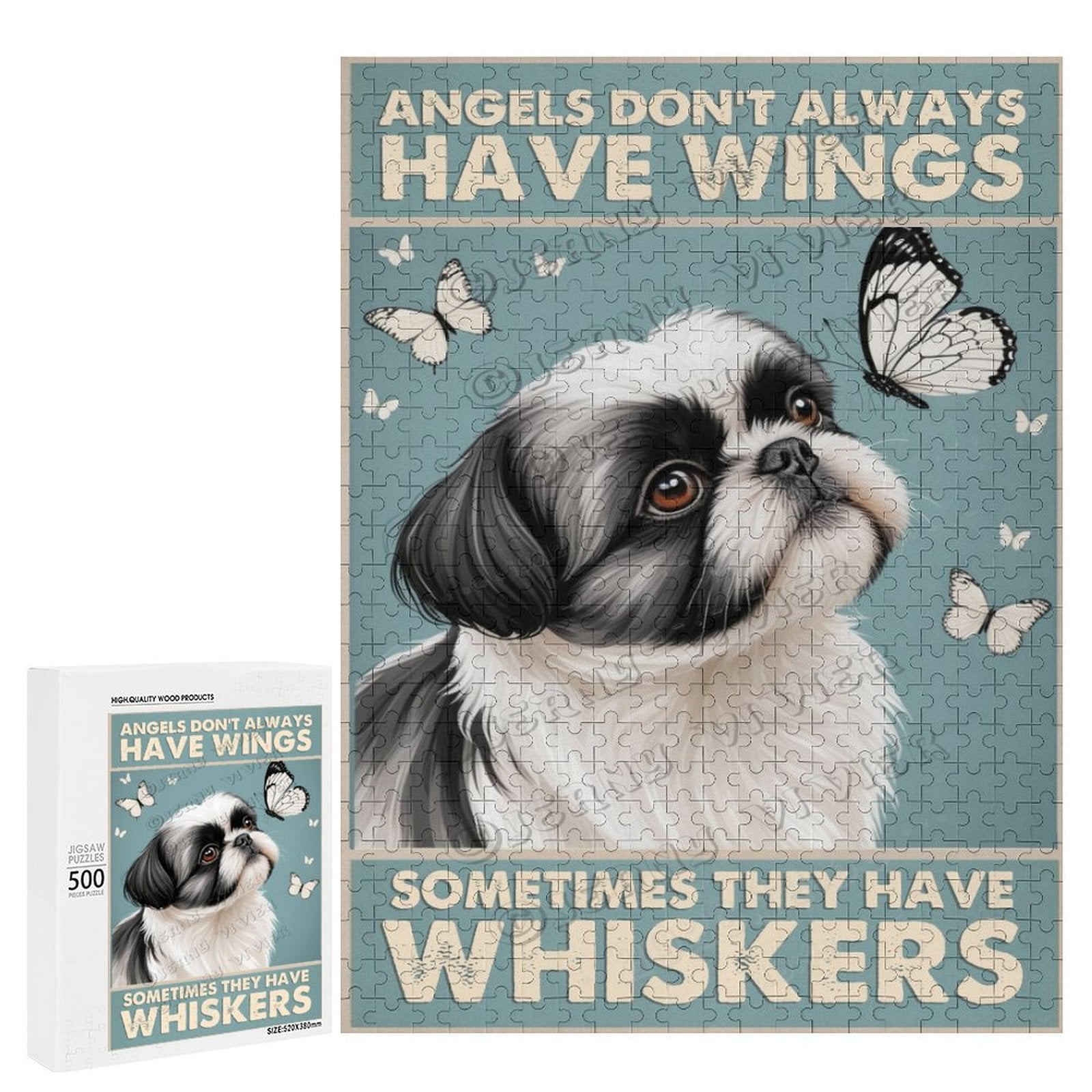 500 Piece Puzzle – Black White Shih Tzu with Butterfly Angel Wings ...