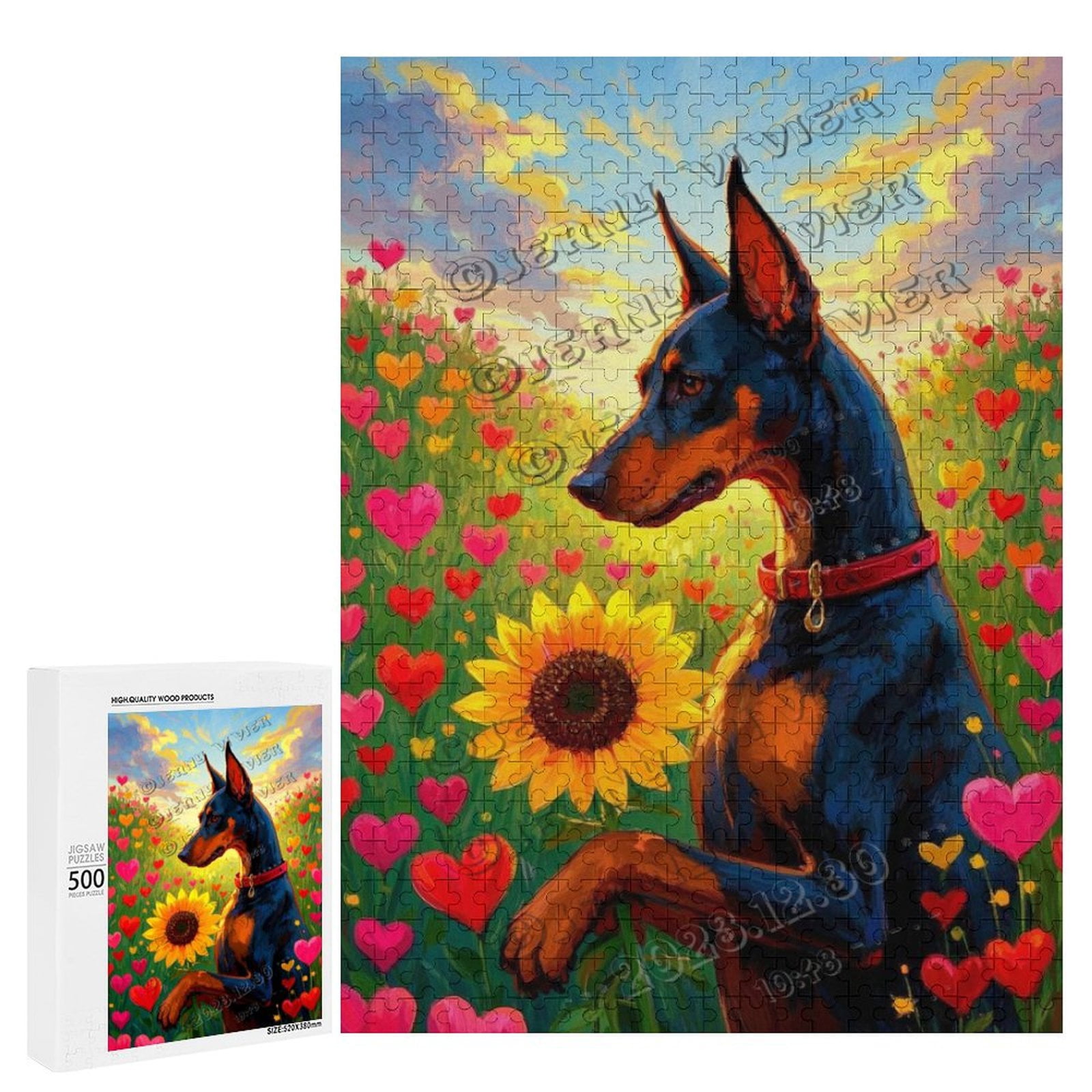 500 Piece Puzzle – Doberman with Sunflower – Wooden Jigsaw Puzzle for ...