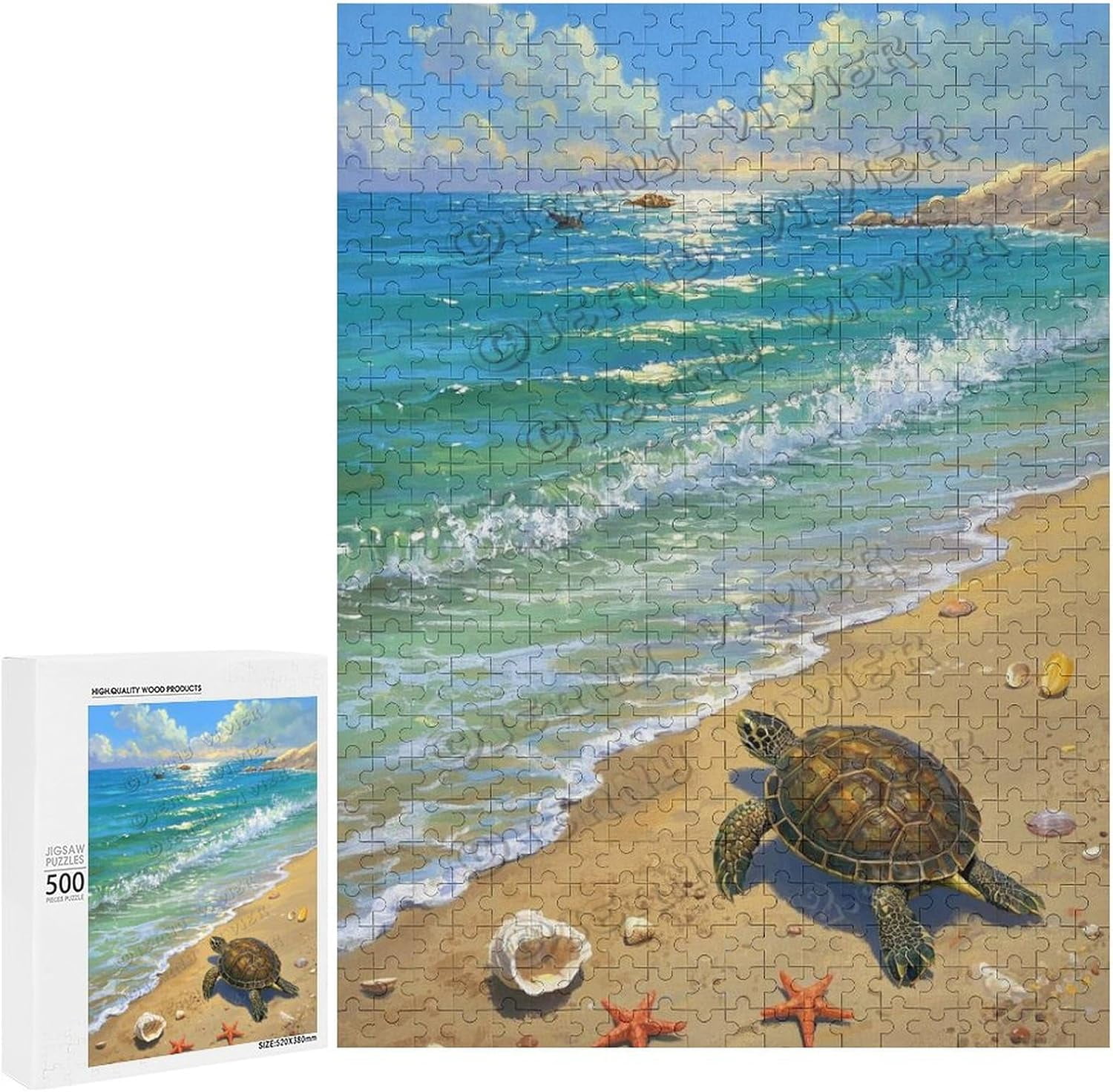 500 Piece Puzzle, Sea Turtle on The Beach Design, Wooden Jigsaw for ...
