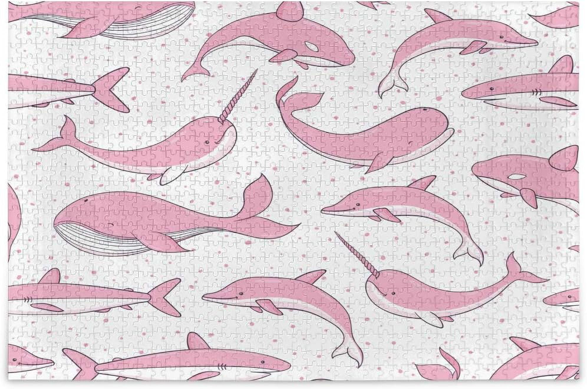 500 Piece Puzzles for Adults Cute Pink Whales Sharks Dolphins Polka Dot ...