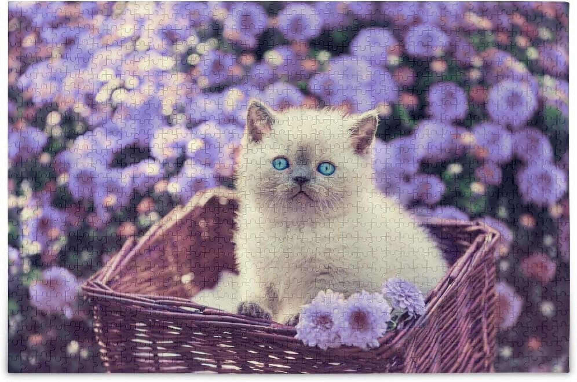 500 Piece Puzzles for Adults Cute White Cat Violet Daisy Flowers Jigsaw ...