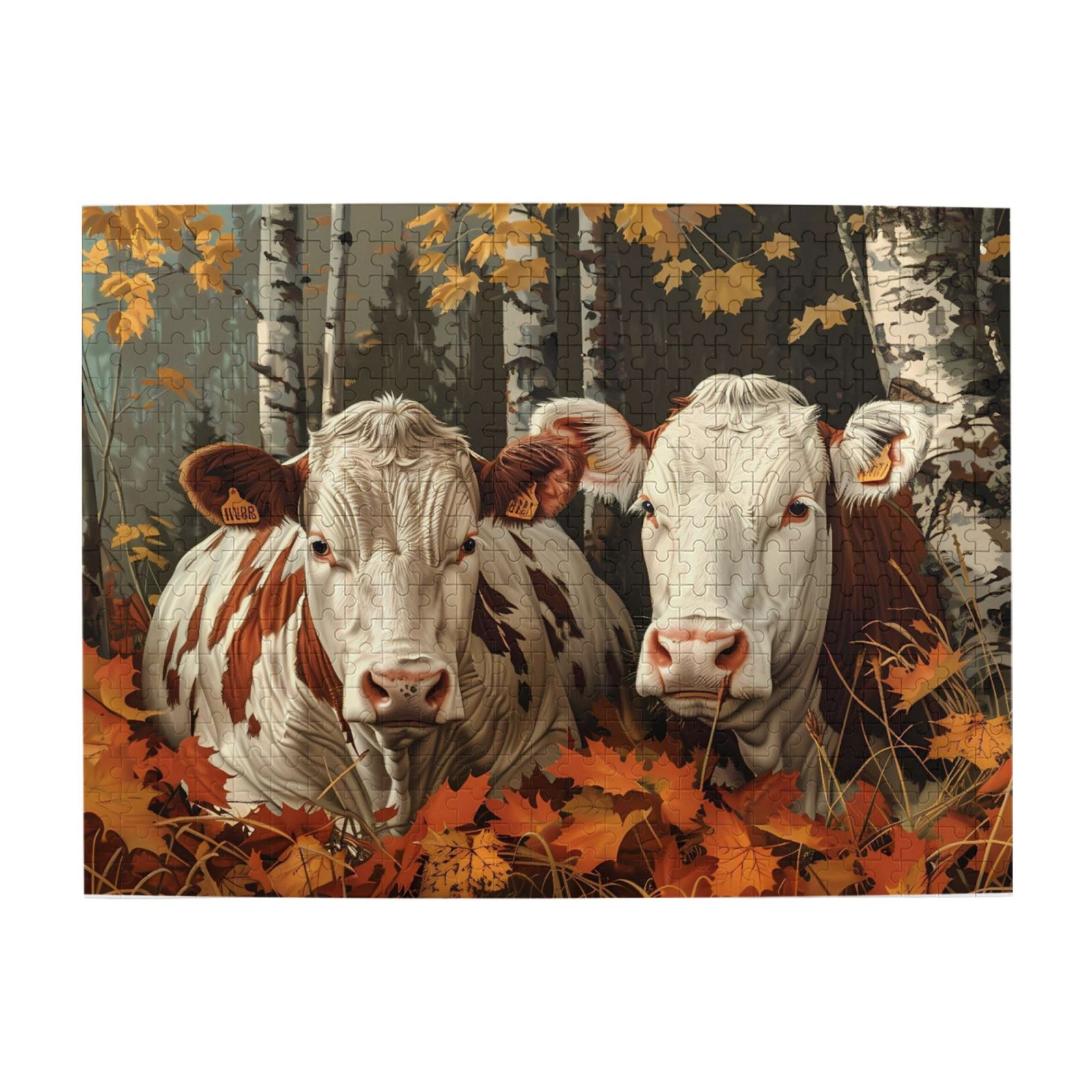 500-Piece Wooden Jigsaw Puzzle for Adults - Cows Autumn Forest Birch ...