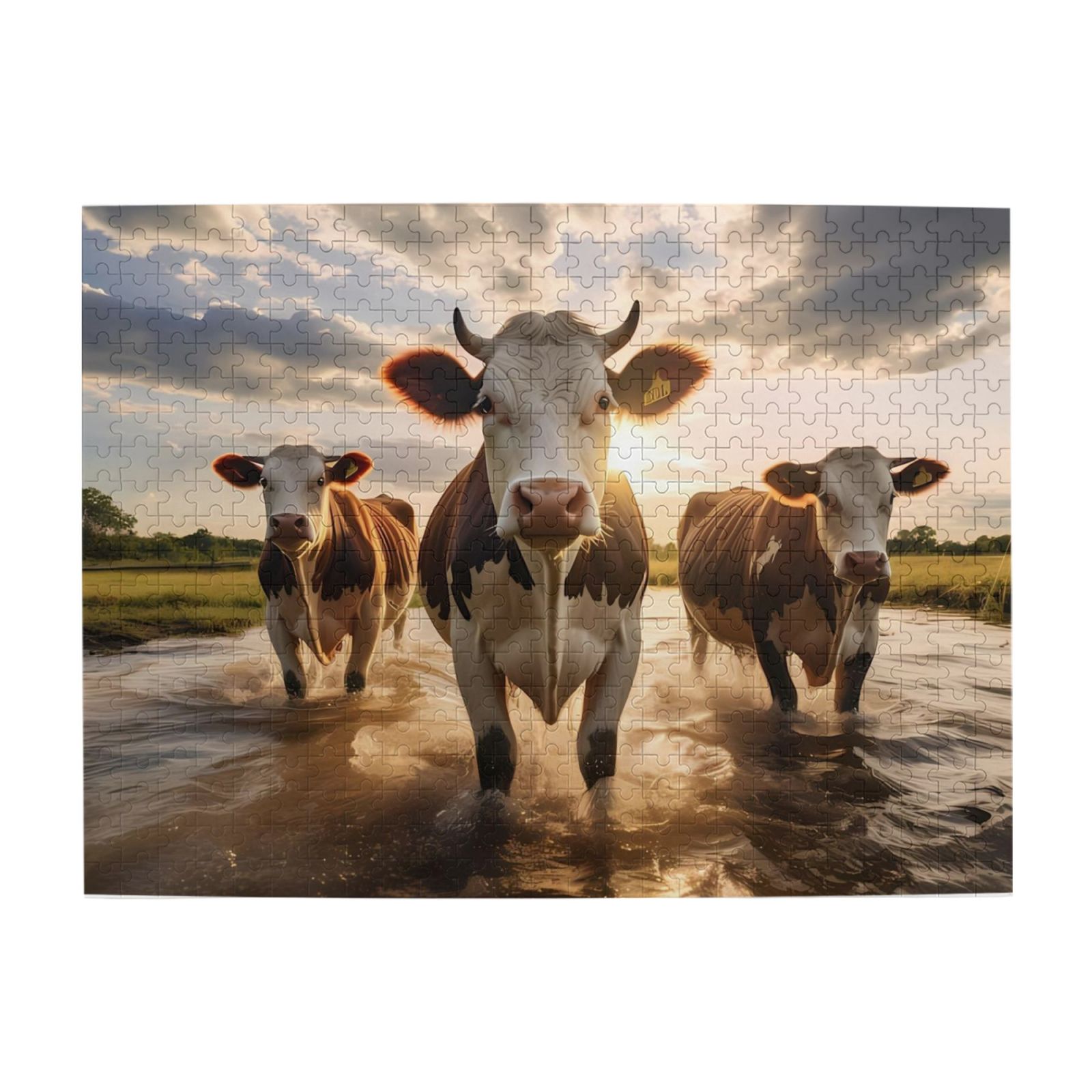 500-Piece Wooden Jigsaw Puzzle for Adults - Cows Wading Water Sunset ...