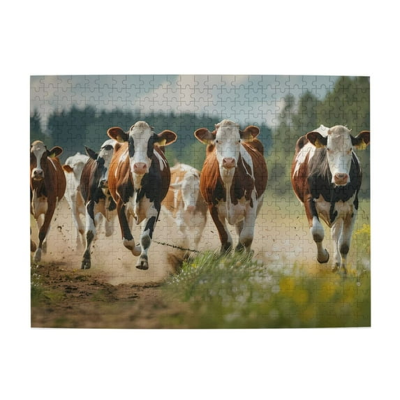 500-Piece Wooden Jigsaw Puzzle for Adults - Running Cows Meadow Rural ...