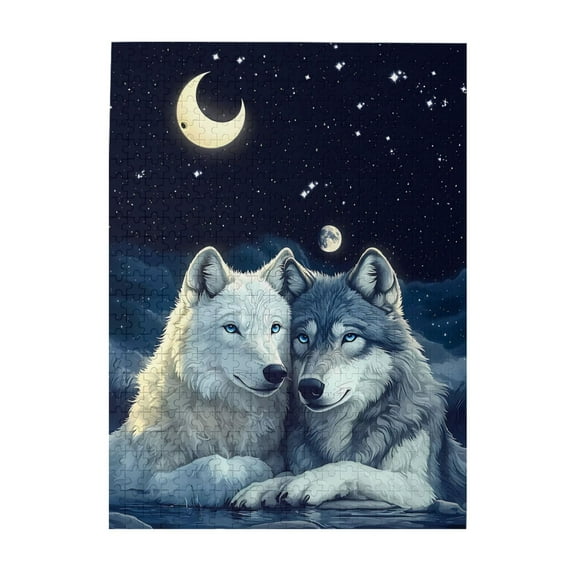 500-Piece Wooden Jigsaw Puzzle for Adults - Wolf Pair Moon Stars Night ...