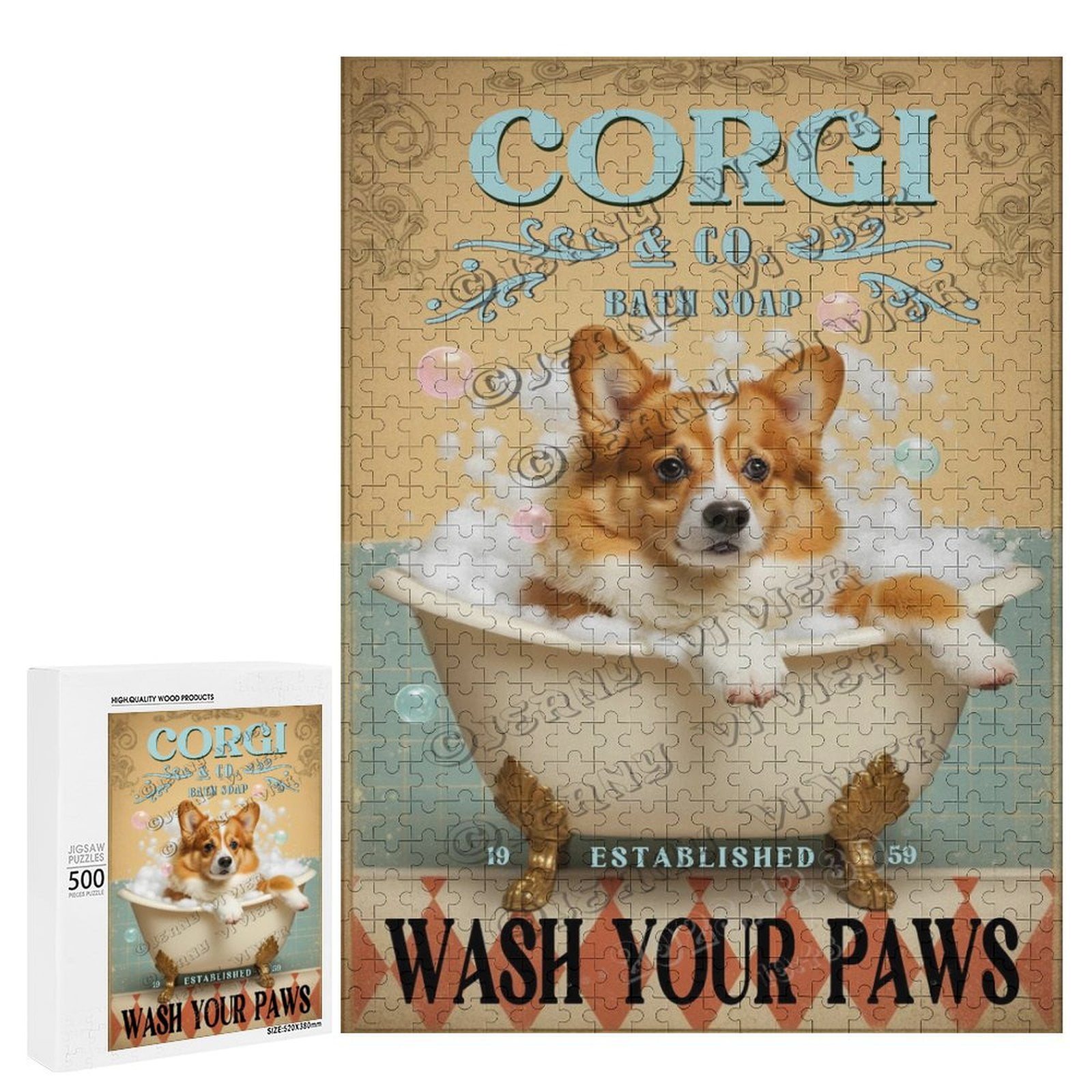 500 Piece Wooden Jigsaw Puzzle – Corgi Wash Your Paws Design – Relaxing ...