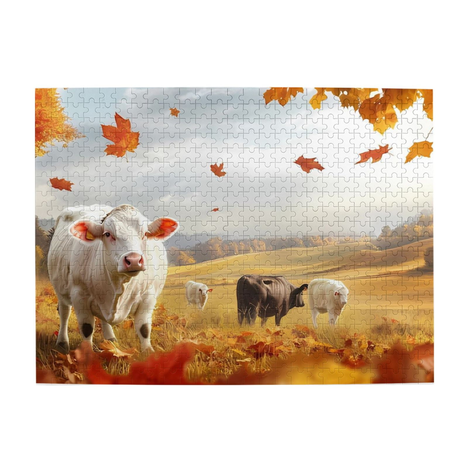 500-Piece Wooden Jigsaw Puzzle for Adults - Cows Autumn Leaves Meadow ...