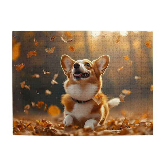 500-Piece Wooden Jigsaw Puzzle for Adults - Happy Dog Autumn Leaves ...