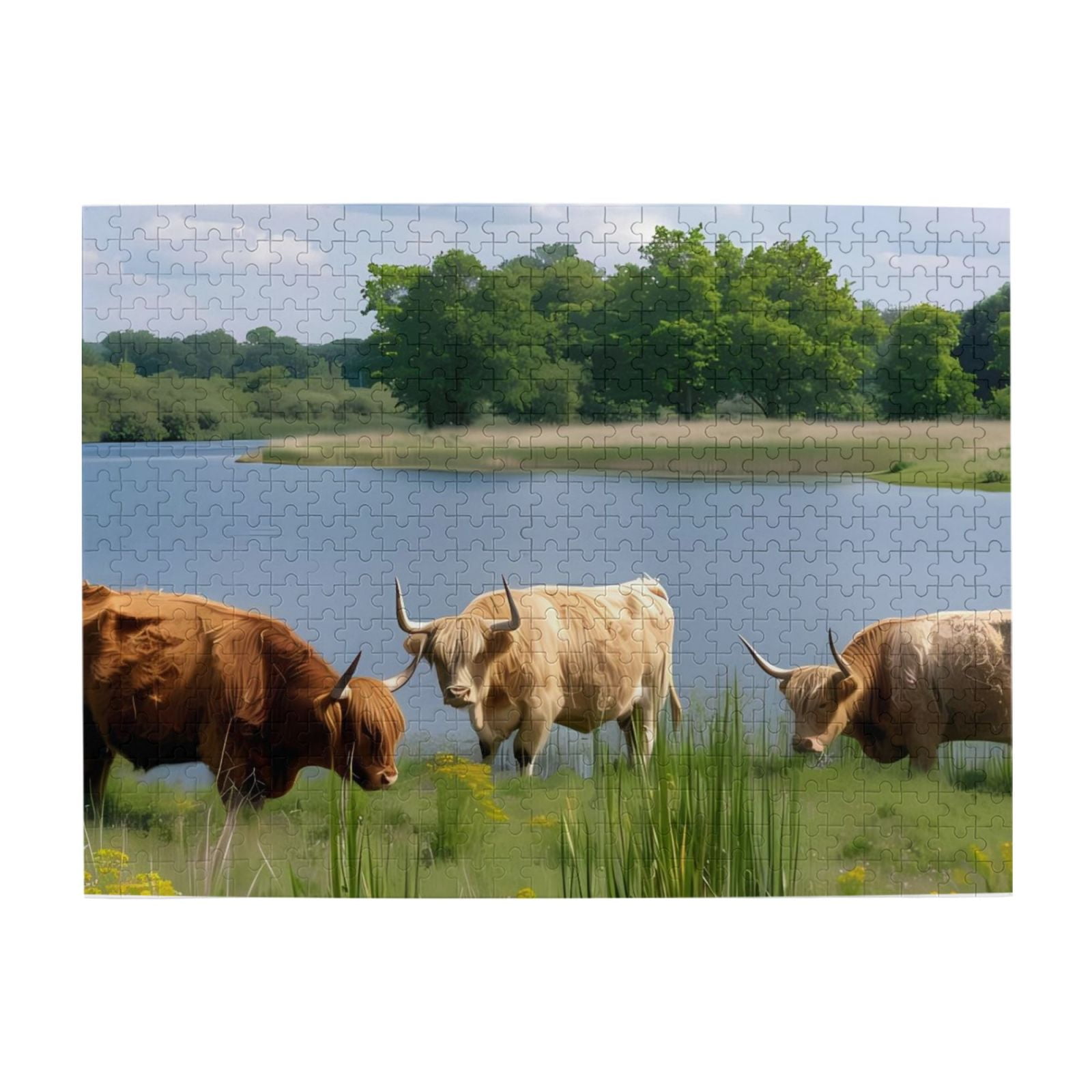 500-Piece Wooden Jigsaw Puzzle for Adults - Highland Cows Lakeside ...