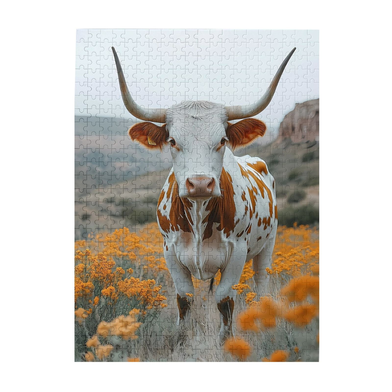 500-Piece Wooden Jigsaw Puzzle for Adults - Longhorn Cattle Wildflowers ...